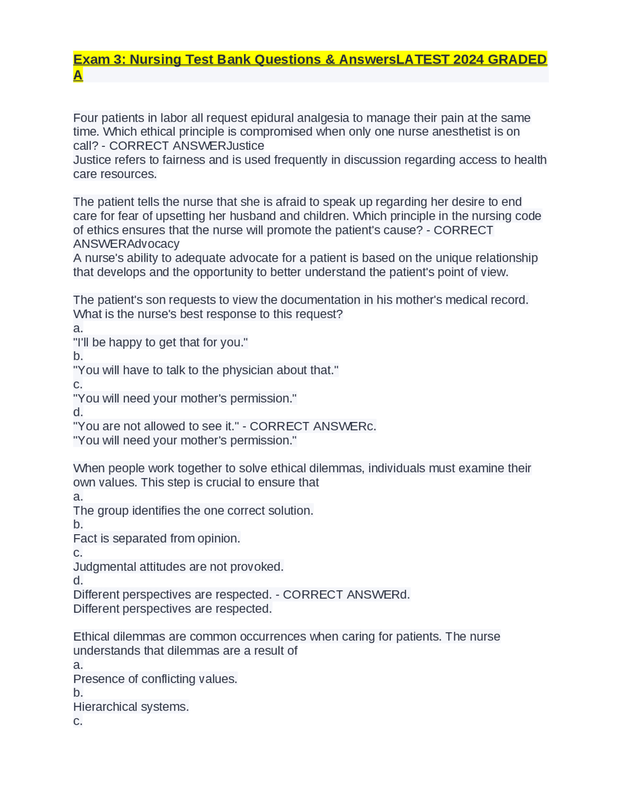 Exam 3: Nursing Test Bank Questions & AnswersLATEST 2024 GRADED A ...