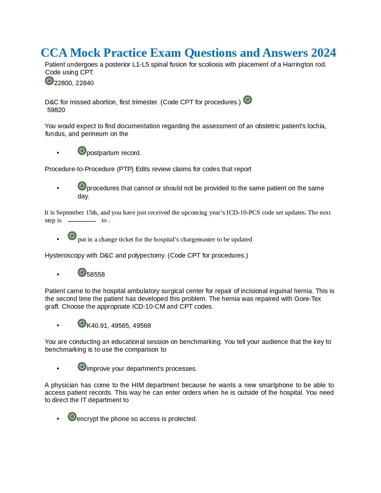 CCA Mock Practice Exam Questions and Answers 2024 | Exams Nursing | Docsity