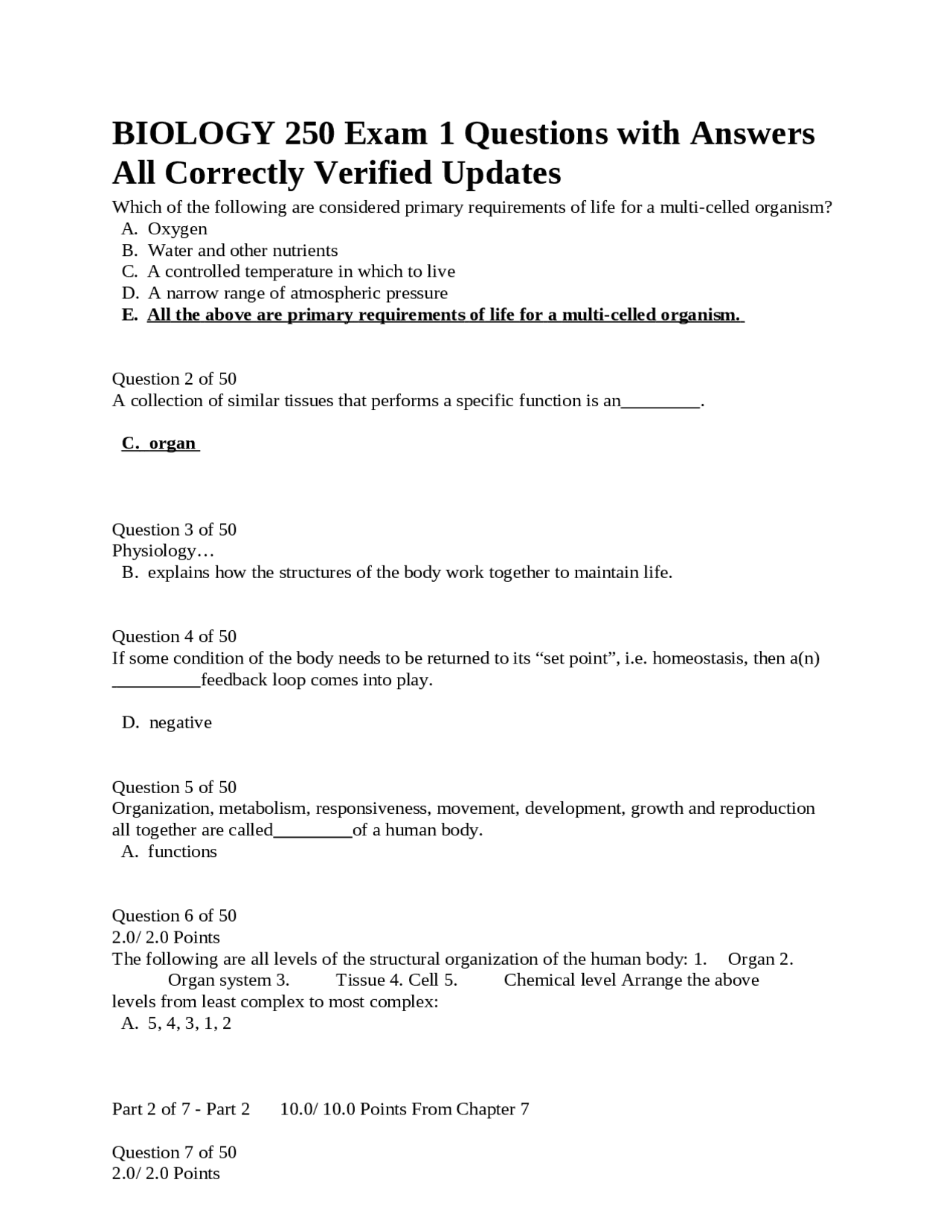 BIOLOGY 250 Exam 1 Questions with Answers All Correctly Verified ...