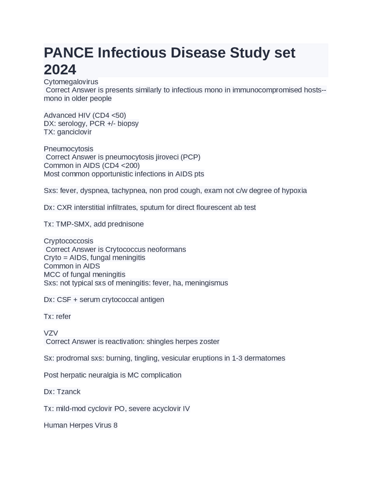 PANCE Infectious Disease Study set 2024 | Exams Nursing | Docsity