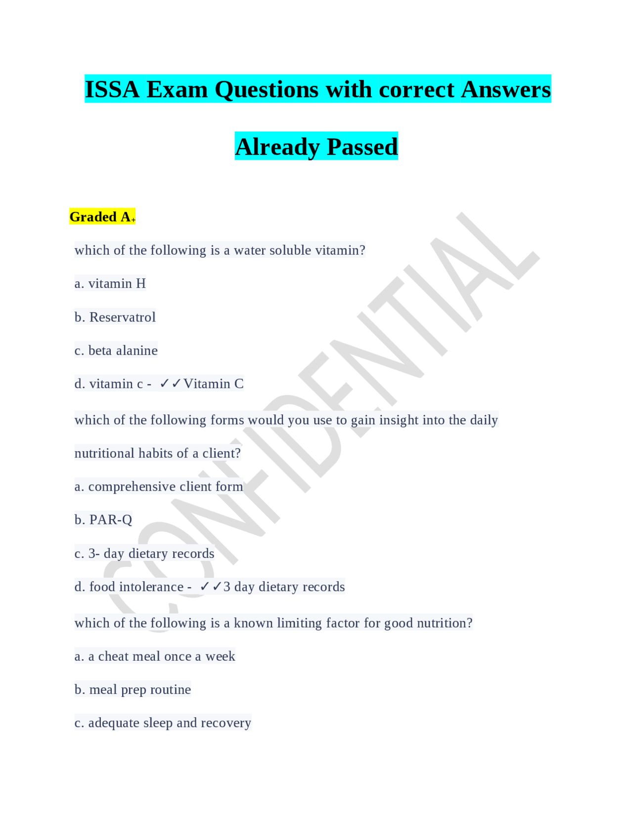 ISSA Exam Questions with correct Answers Already Passed | Exams Nursing ...