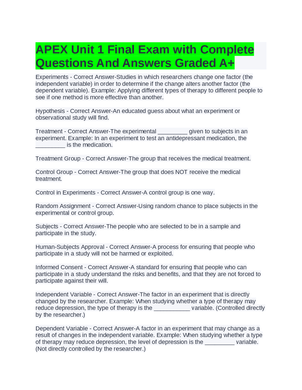 APEX Unit 1 Final Exam with Complete Questions and Answers - Prof. Waithaka | Exams Nursing ...