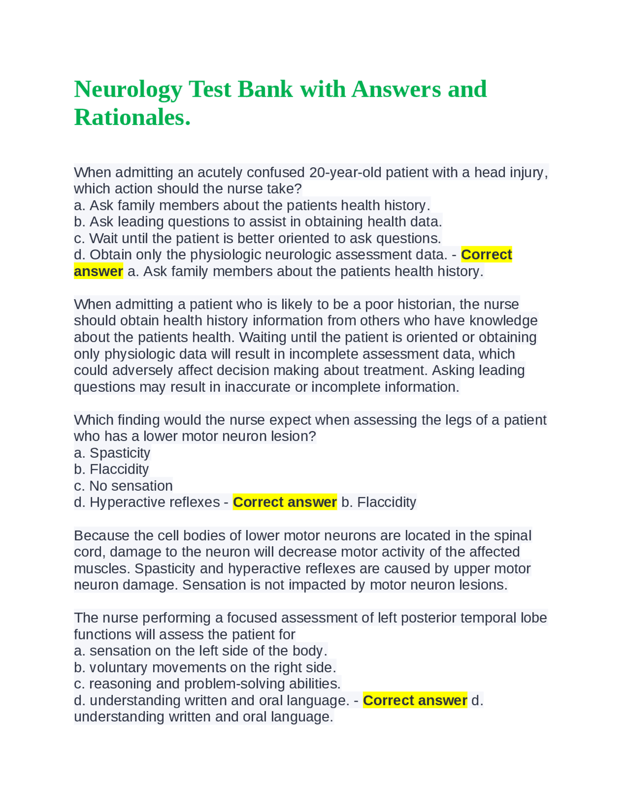 Neurology Test Bank with Answers and Rationales. | Exams Neurology ...
