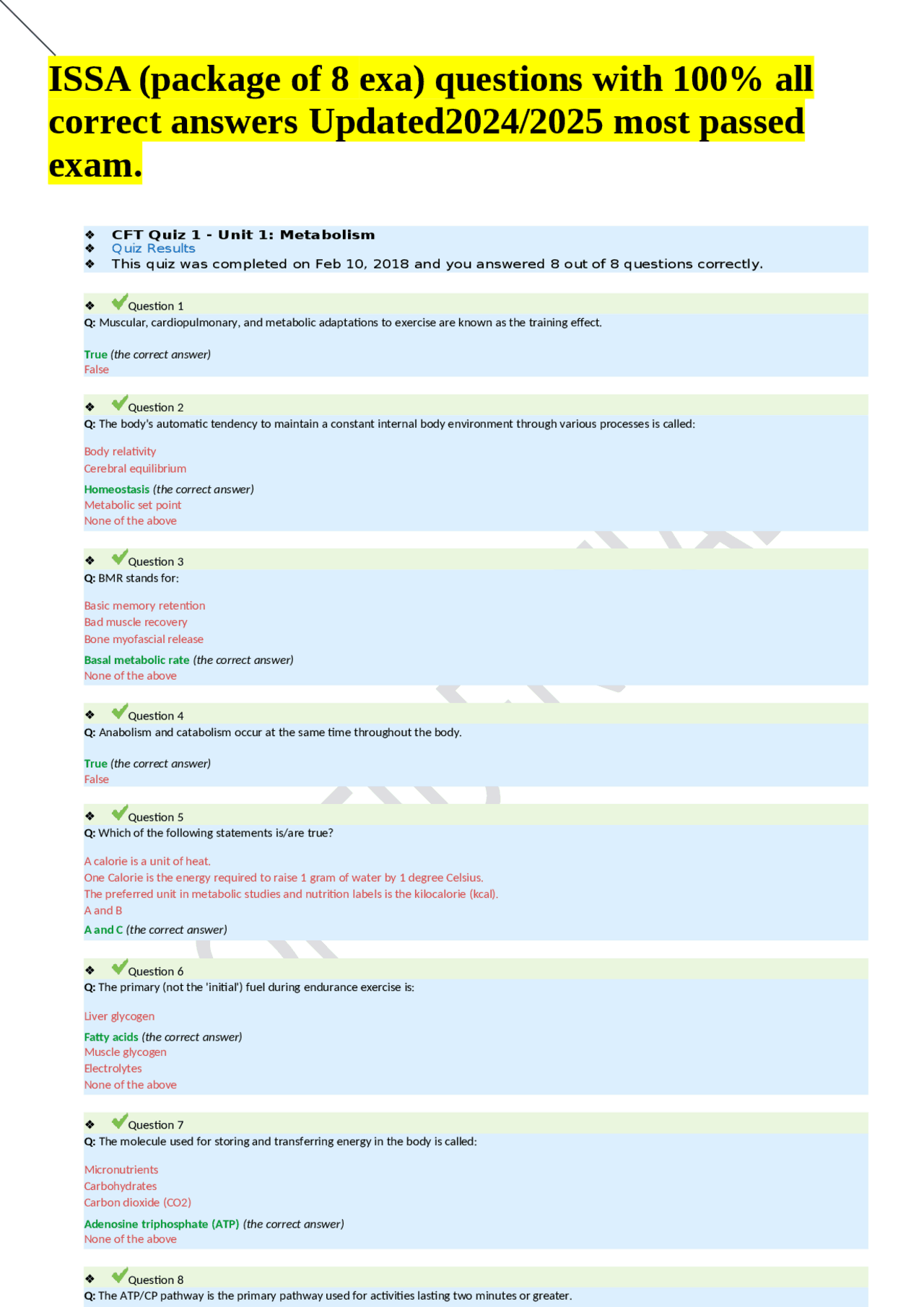 Bundle Of 8 ISSA EXAMS(Answers) questions with 100% all correct answers ...