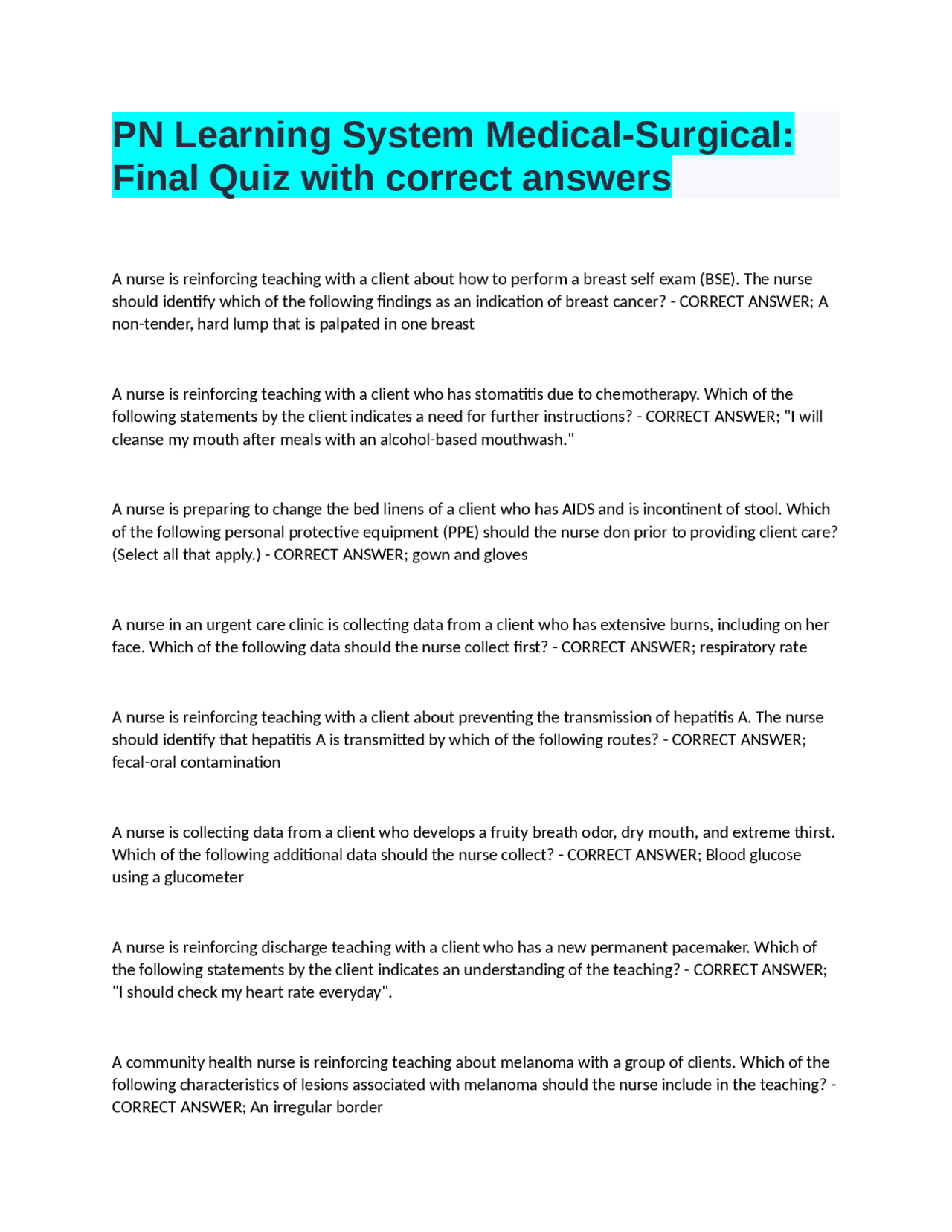 Final Quiz: PN Learning System Medical-Surgical | Quizzes General ...