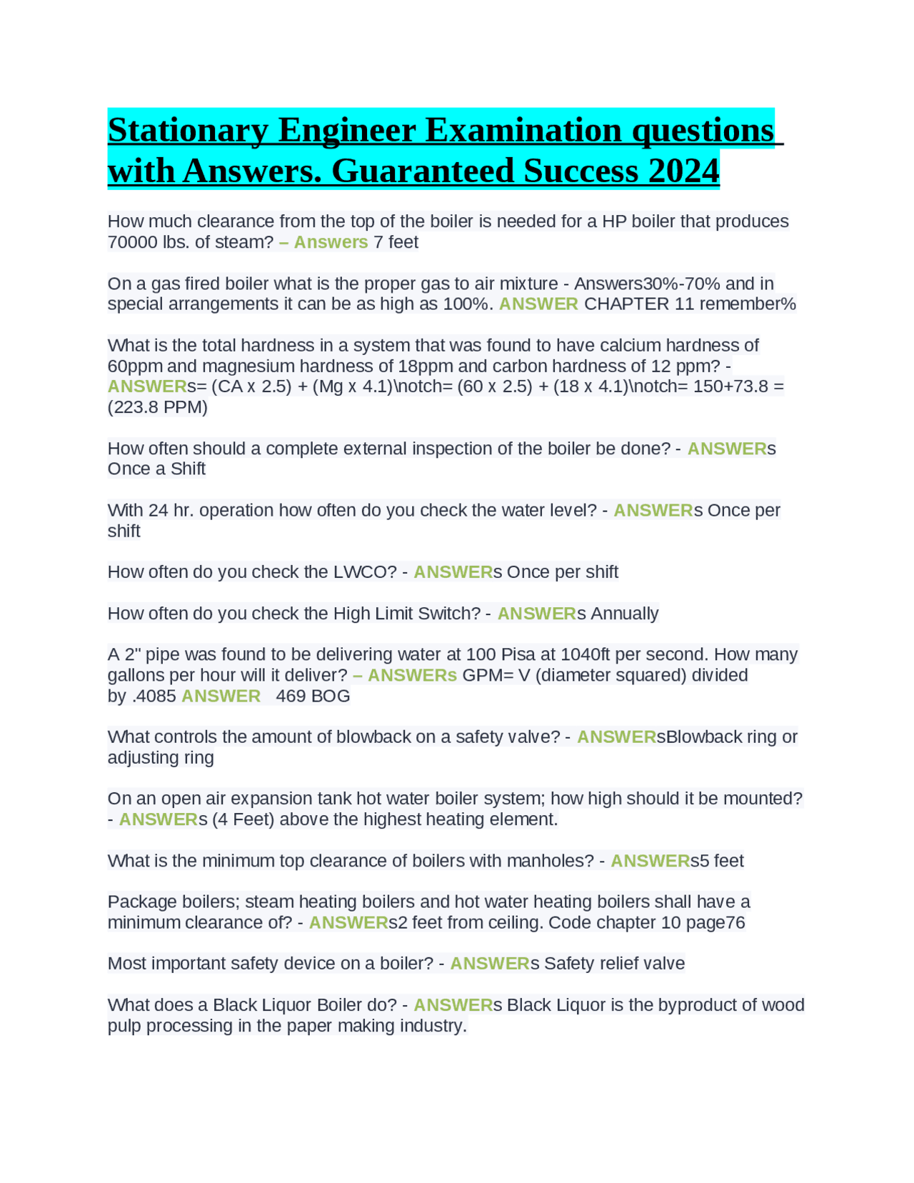 Stationary Engineer Examination questions with Answers. Guaranteed ...