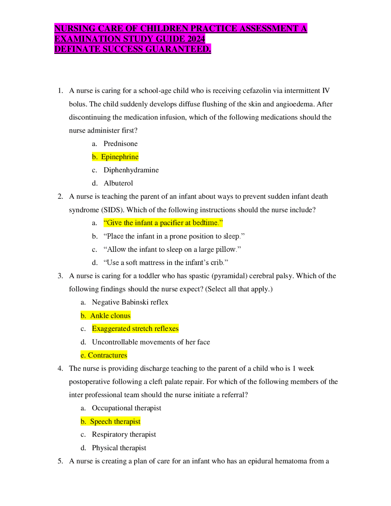NURSING CARE OF CHILDREN PRACTICE ASSESSMENT A EXAMINATION STUDY GUIDE ...