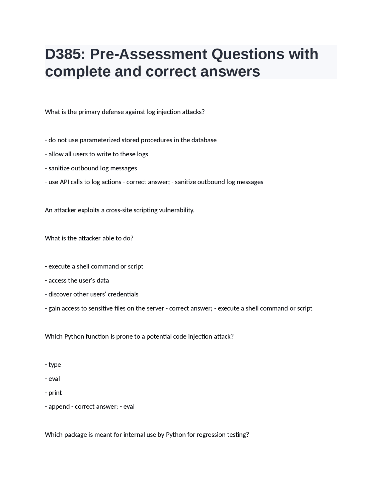 D385: Pre-Assessment Questions with complete and correct answers ...