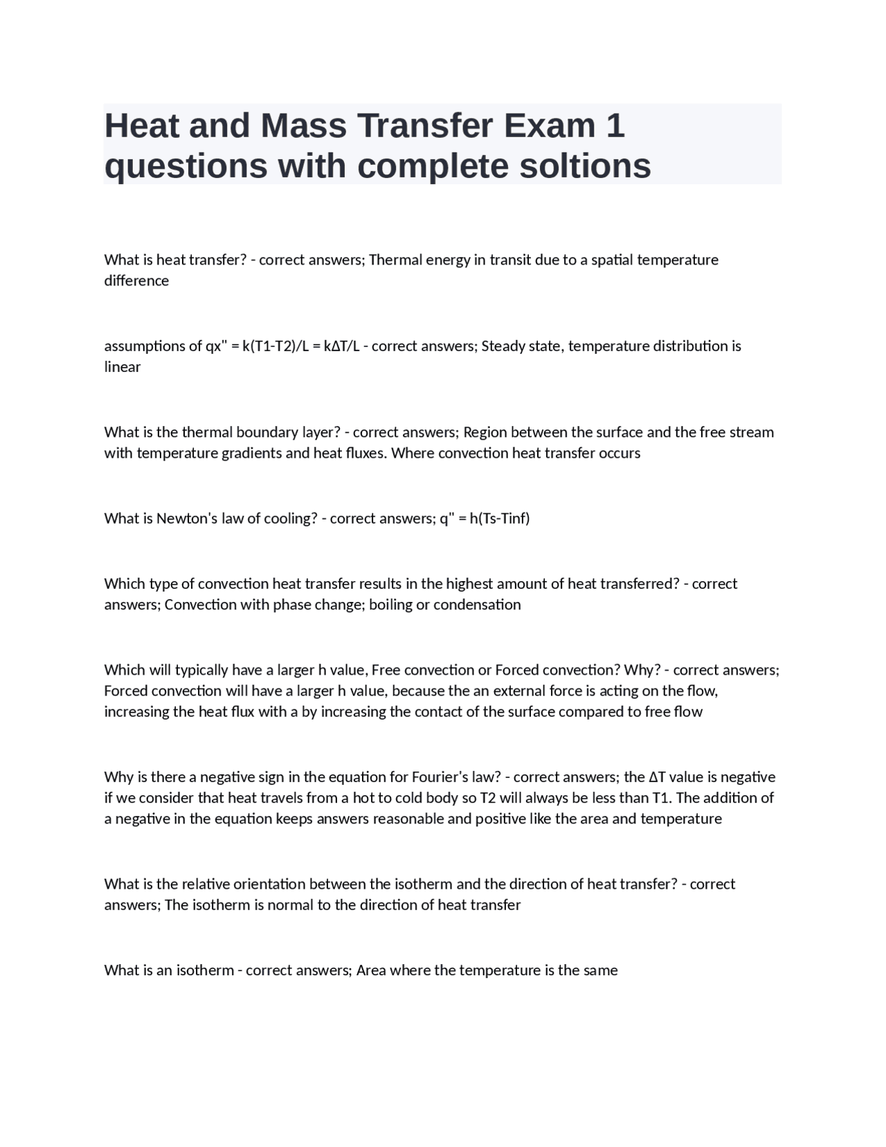 Heat and Mass Transfer Exam 1 questions with complete soltions | Exams ...