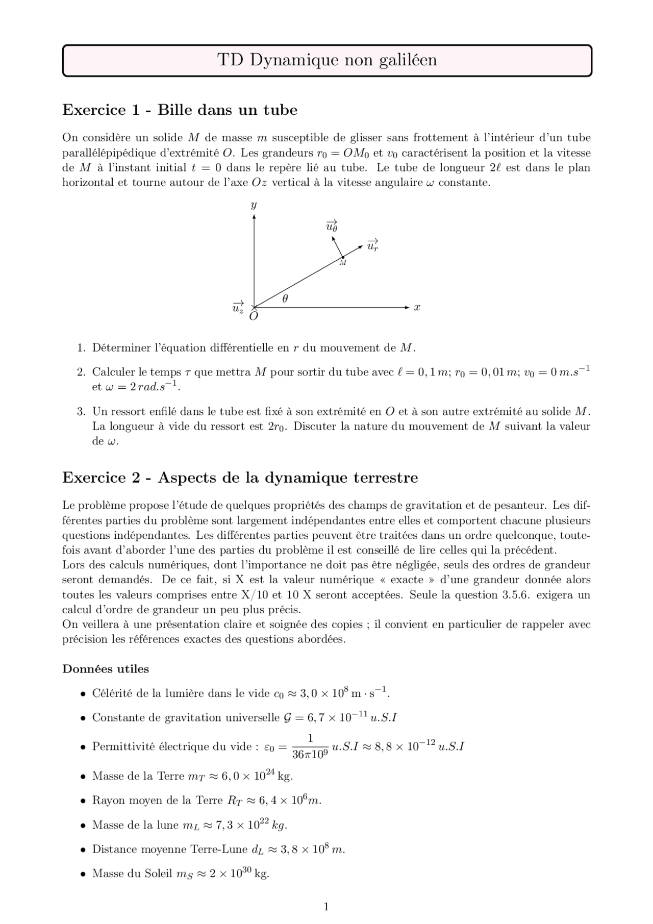 TD Dynamique non galilieen | Exercises Physics | Docsity