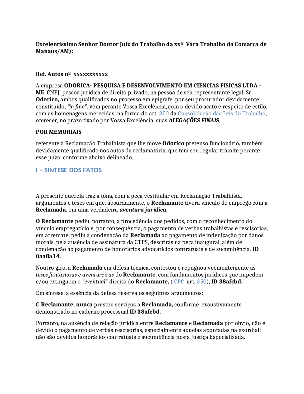 modelo de memoriais trabalhista | Trabalhos Direito do Trabalho | Docsity