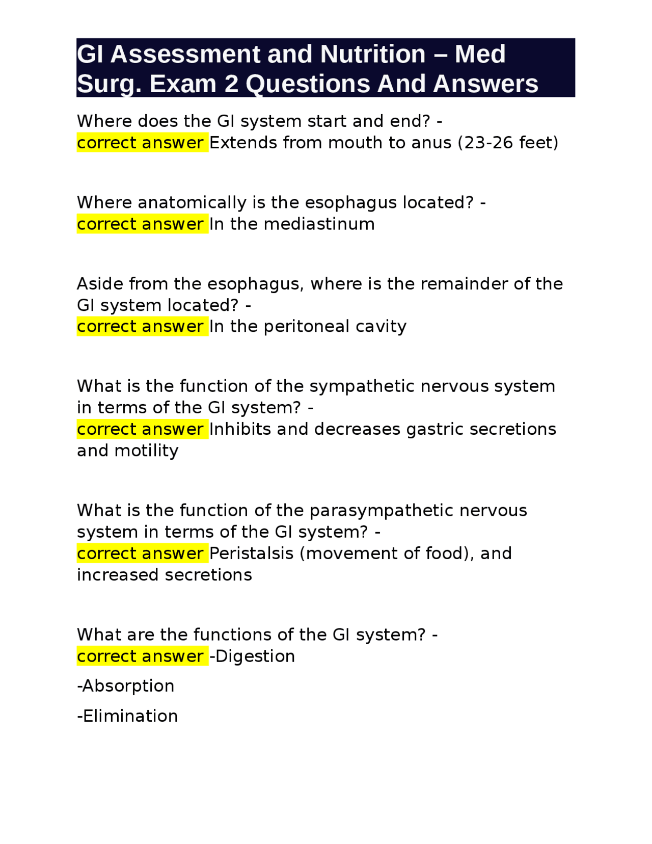GI System Exam Questions and Answers | Exams Nutrition | Docsity