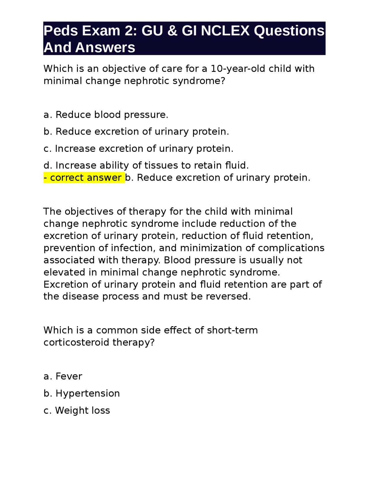 Peds Exam 2: GU & GI NCLEX Questions And Answers | Exams Pediatrics ...