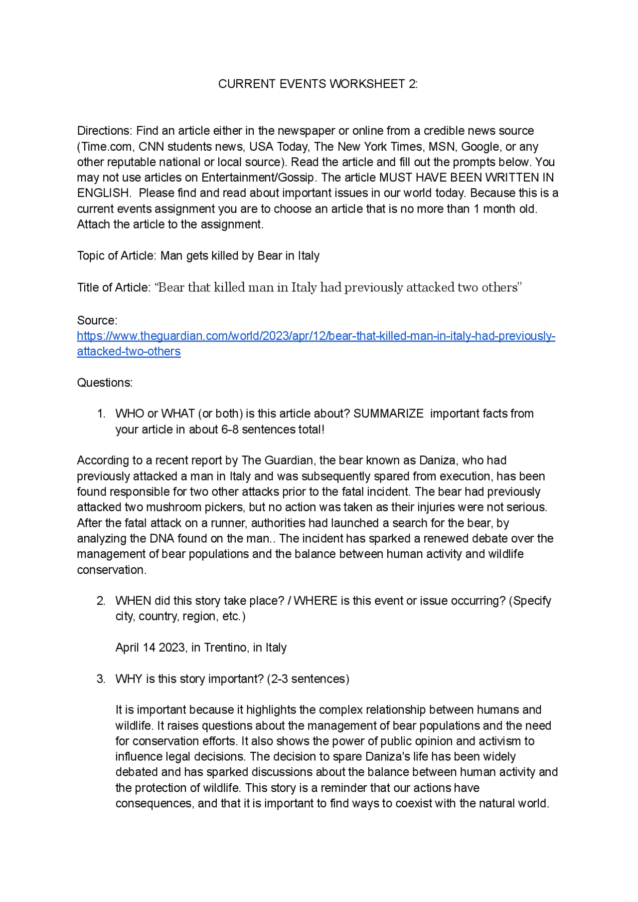 Esempio esercizio current event | Esercizi di Inglese | Docsity