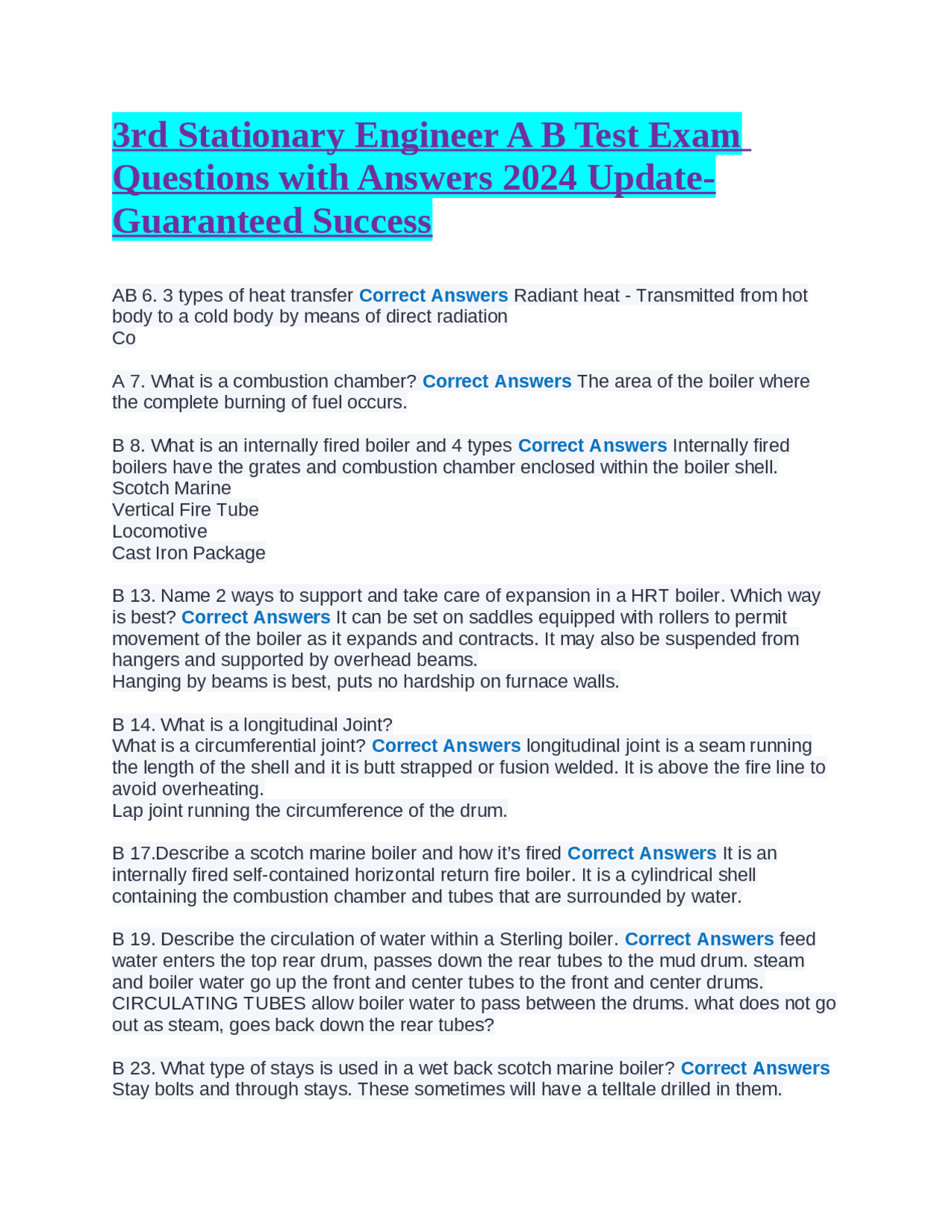 3rd Stationary Engineer A B Test Exam Questions with Answers 2024 ...