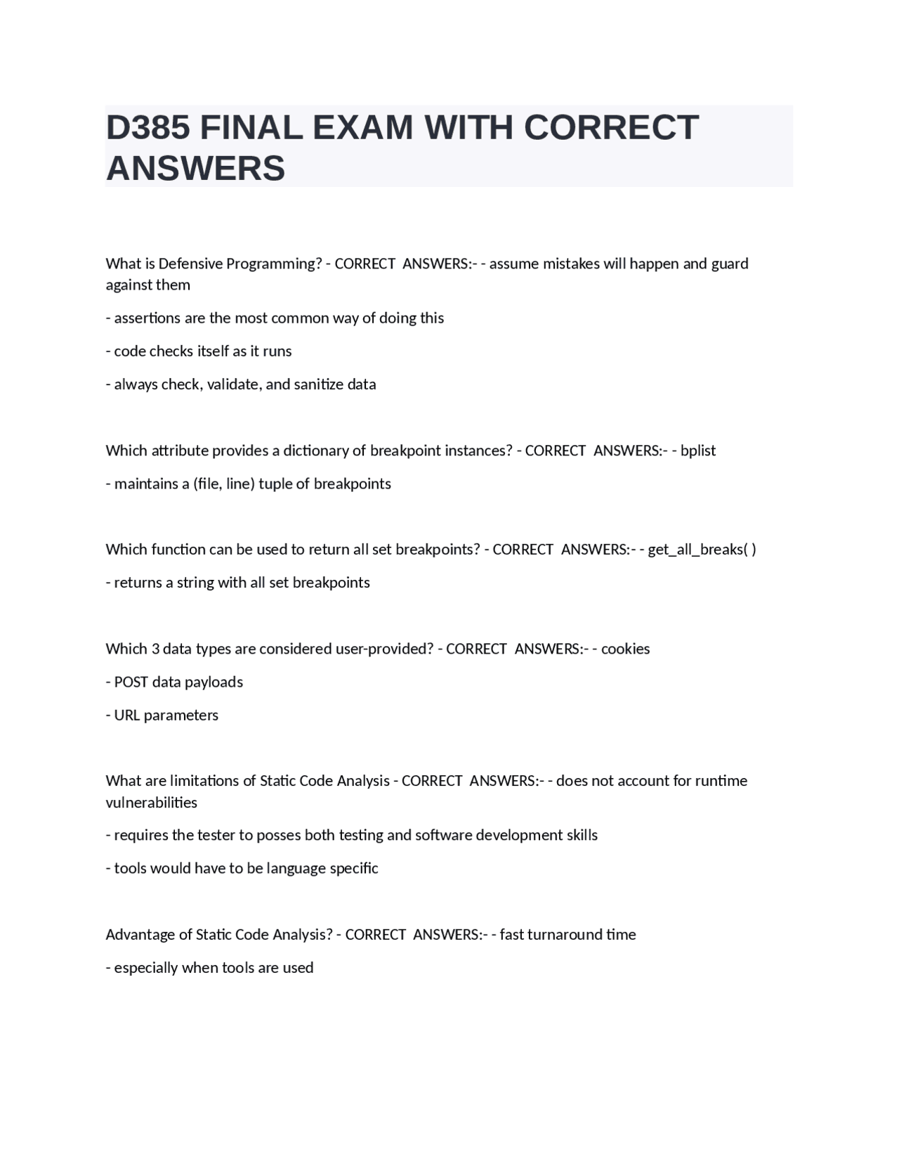 D385 FINAL EXAM WITH CORRECT ANSWERS | Exams Software Engineering | Docsity