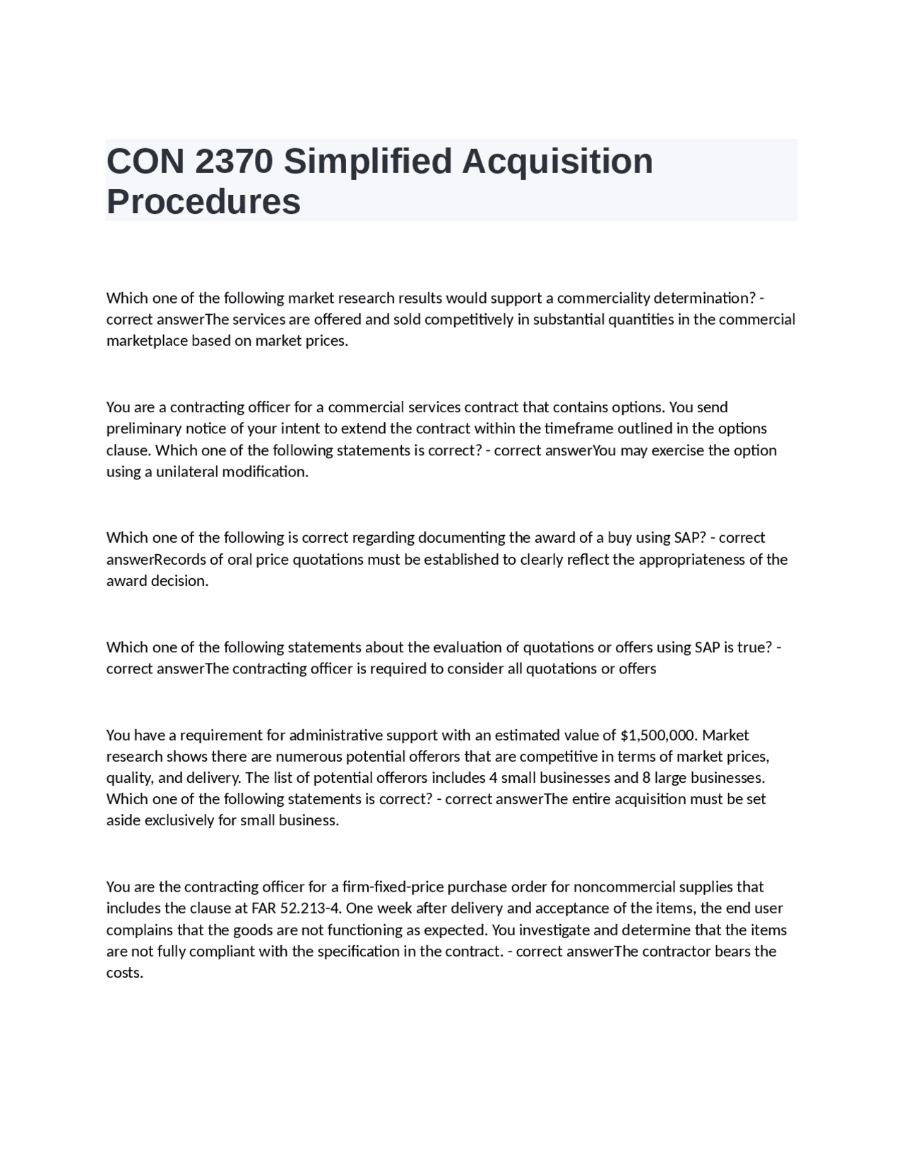 CON 2370 Simplified Acquisition Procedures exam 2024 with compete ...