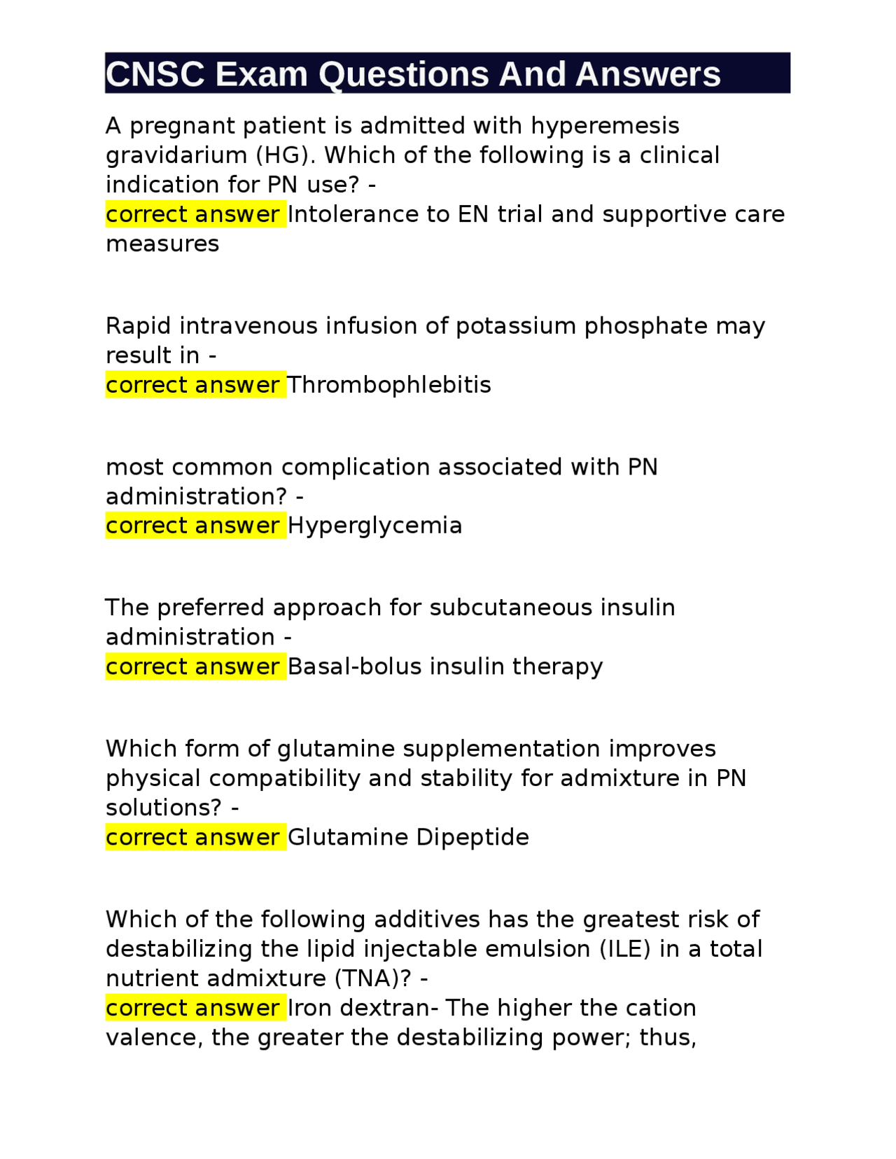 CNSC Exam Questions and Answers: Nutrition and Pharmacology in Clinical ...