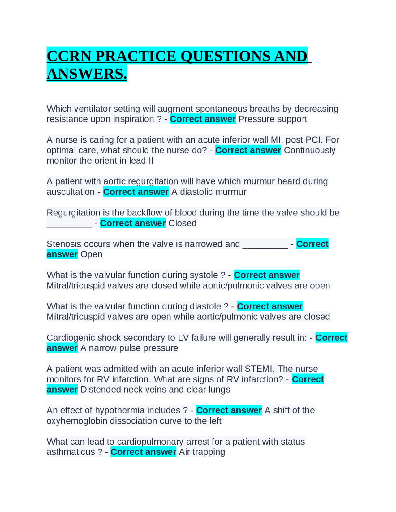 CCRN PRACTICE QUESTIONS AND ANSWERS. | Exams Nursing | Docsity