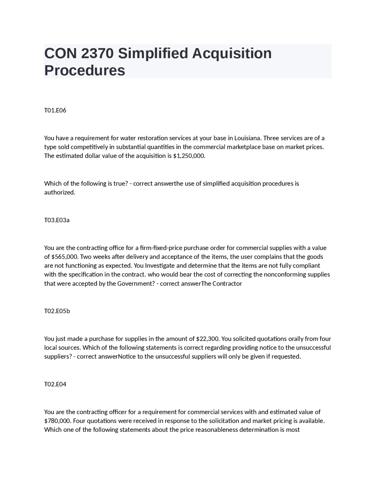 CON 2370 Simplified Acquisition Procedures exam 2024 with correct ...