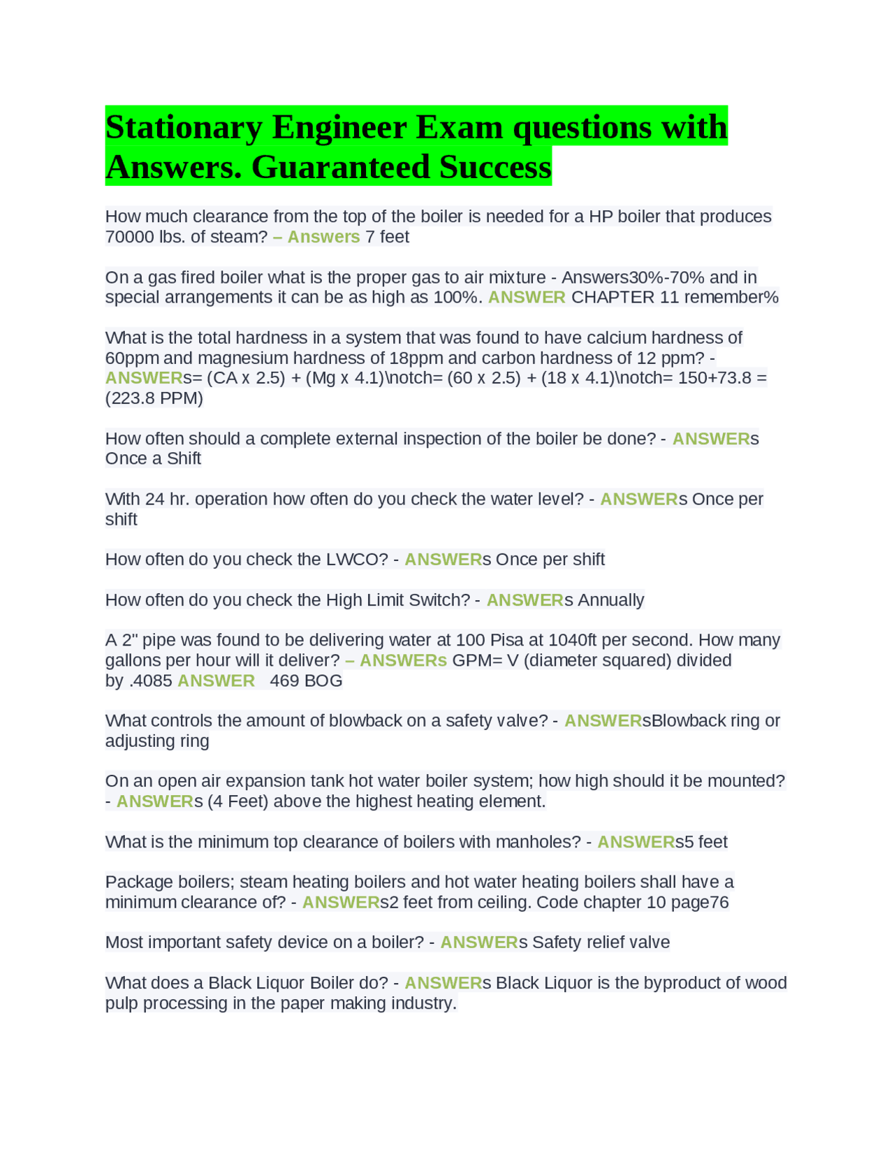 Stationary Engineer Exam questions with Answers. Guaranteed Success ...