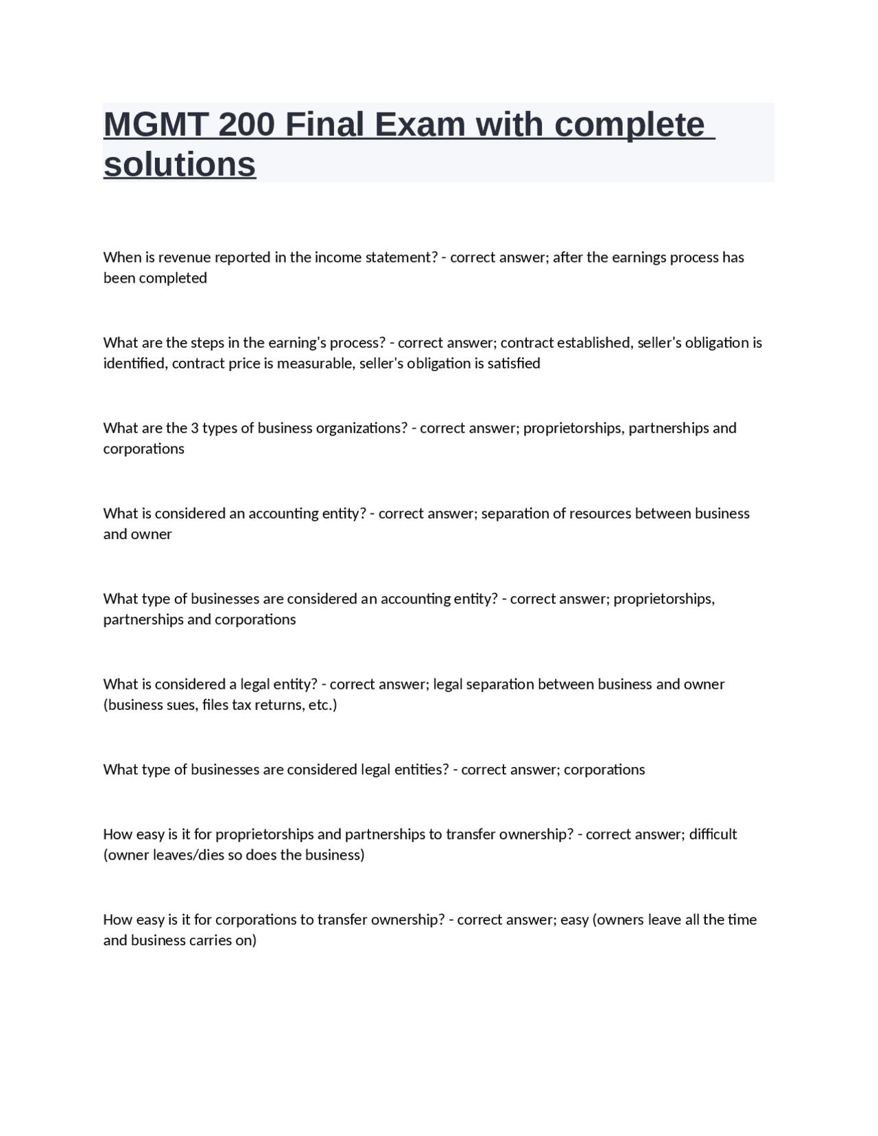 MGMT 200 Final Exam with complete solutions | Exams Marketing ...