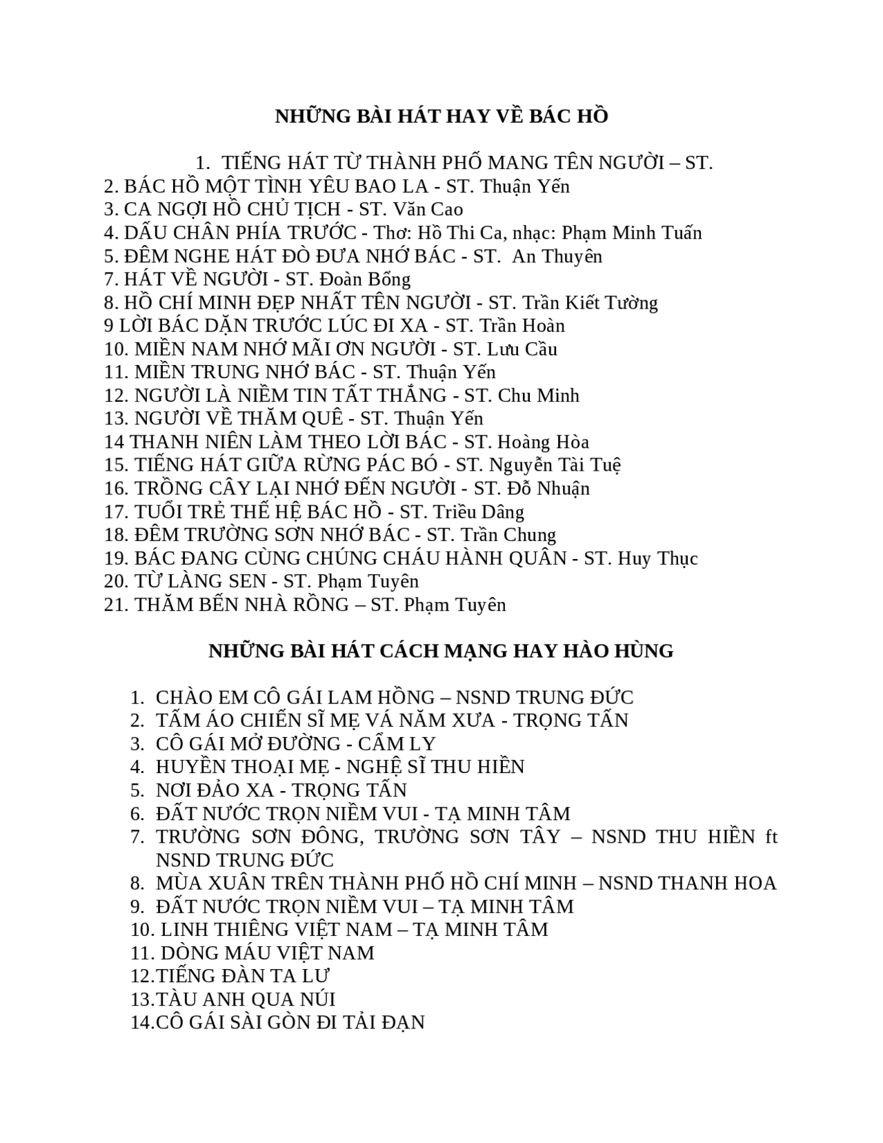 20 BAI HAT VE BAC HO | Schemes and Mind Maps Mathematics | Docsity