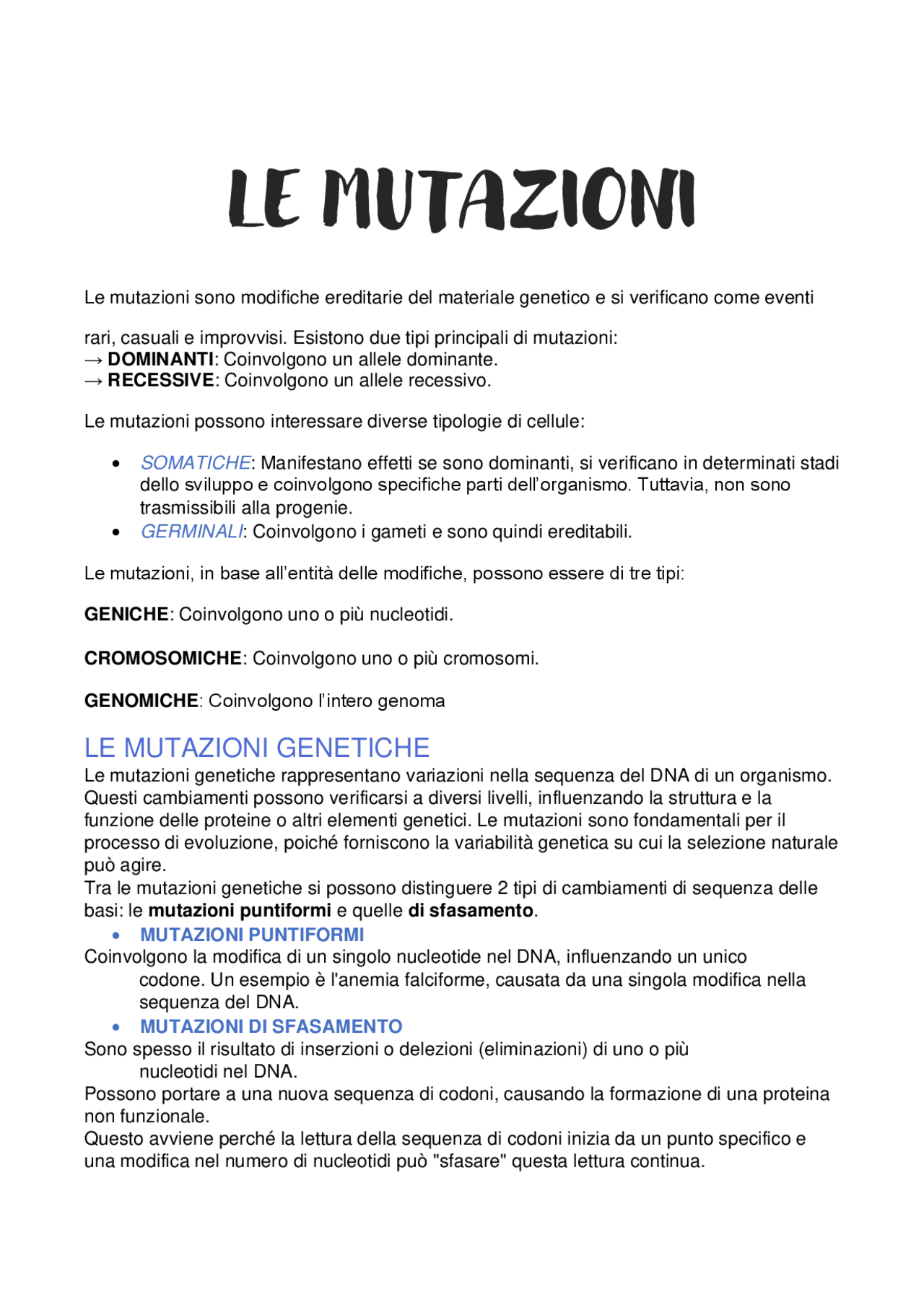 Le mutazioni genetiche e la terapia genica | Appunti di Biologia | Docsity