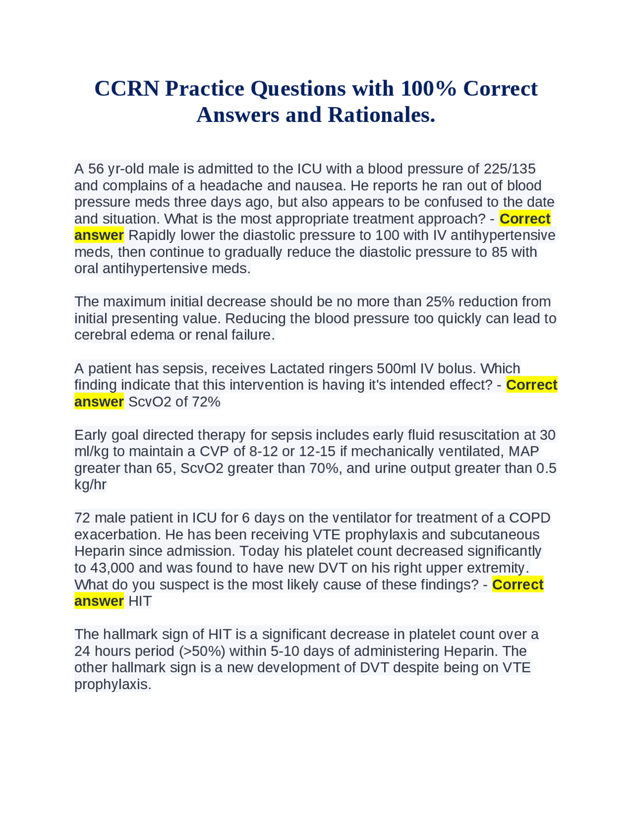 CCRN Practice Questions with 100% Correct Answers and Rationales ...
