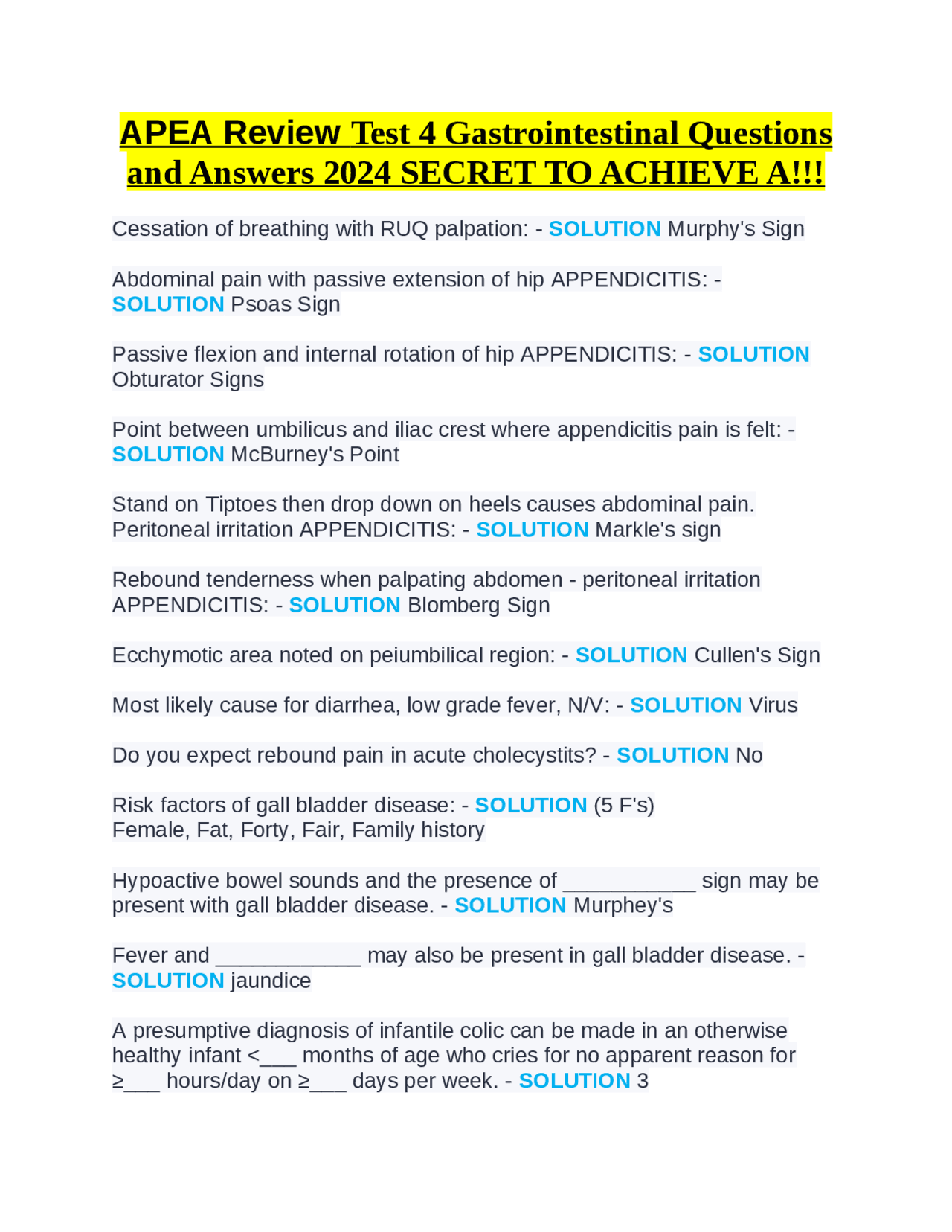 APEA Review Test 4 Gastrointestinal Questions and Answers 2024 SECRET ...
