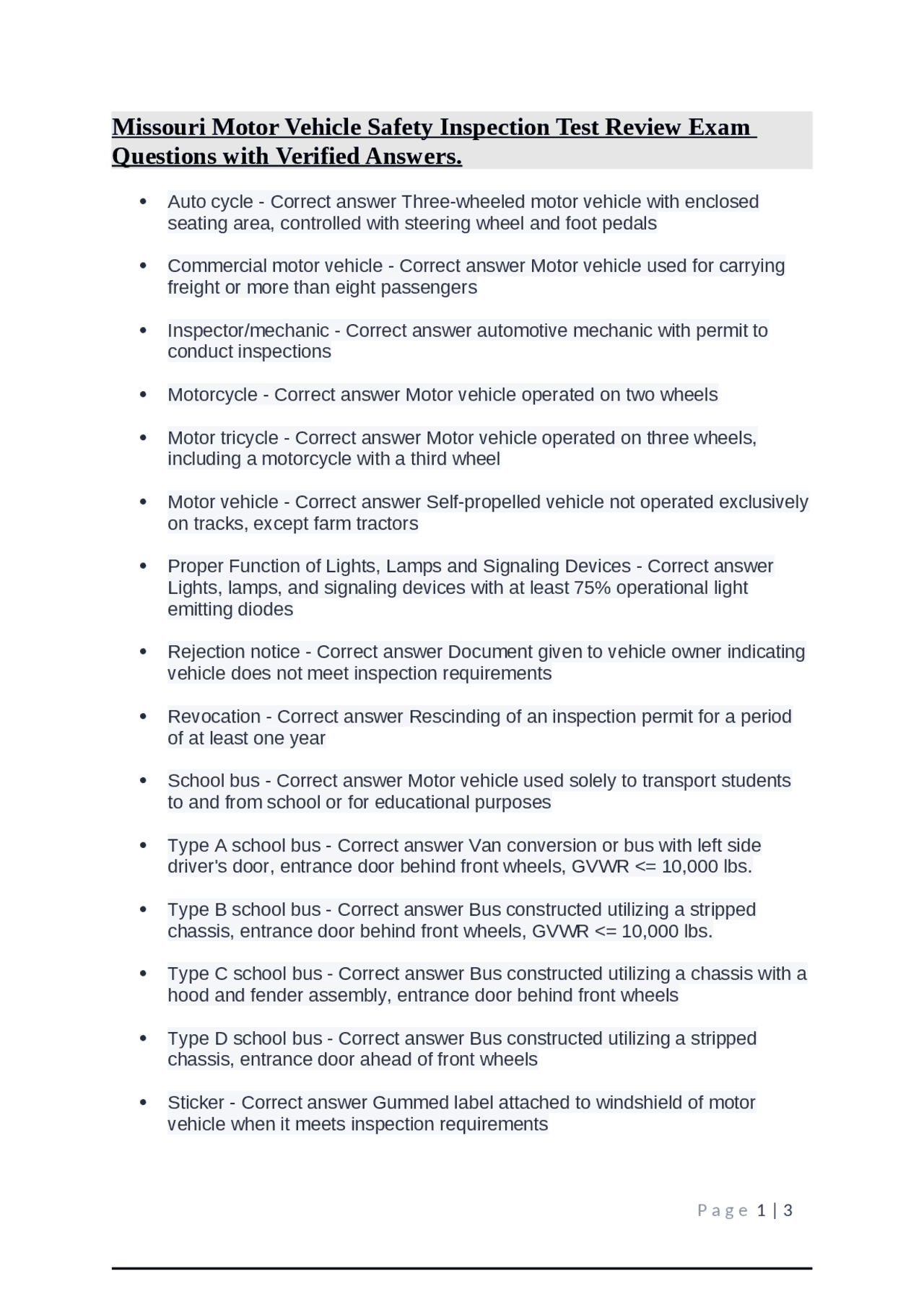 Missouri Motor Vehicle Safety Inspection Test Review Exam Questions ...