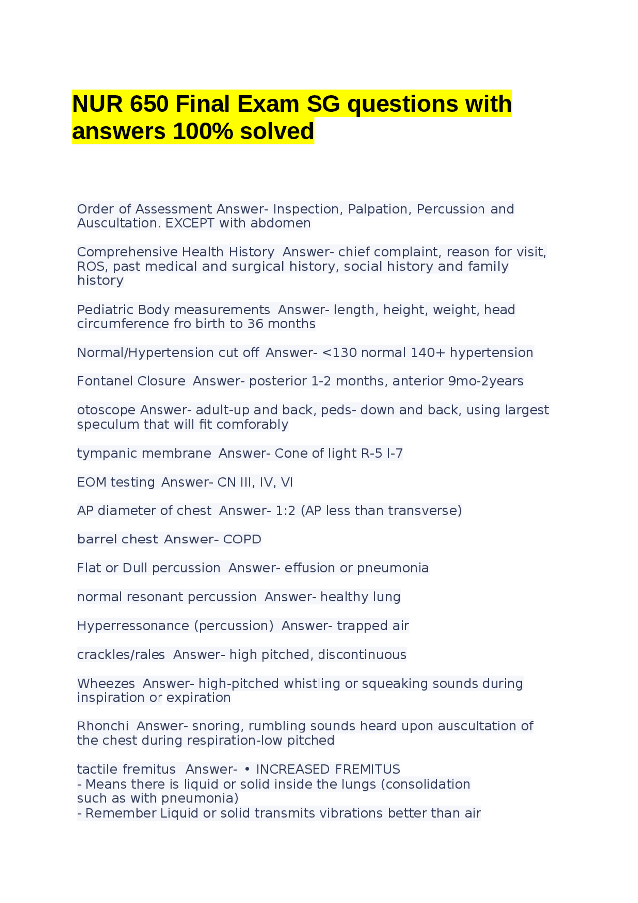 NUR 650 Final Exam SG questions with answers 100% solved | Exams ...