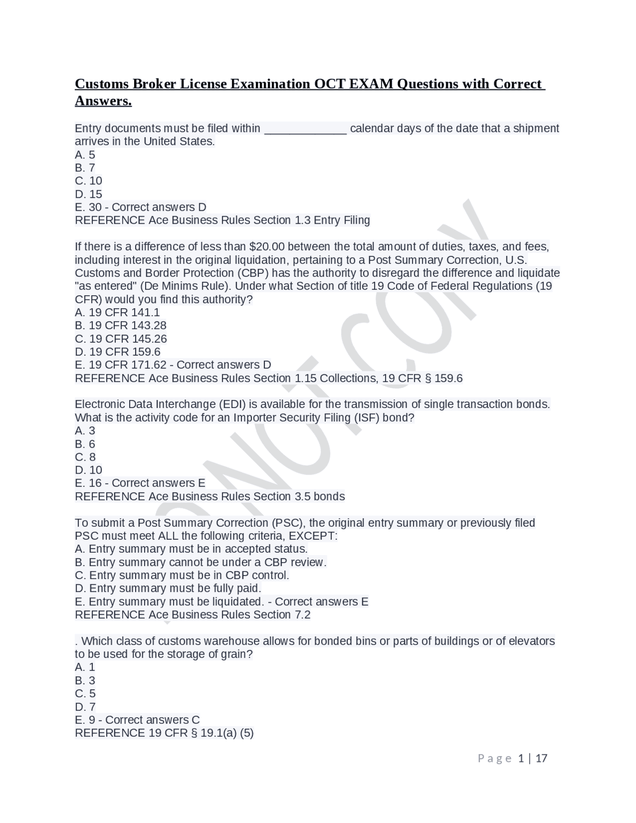 Customs Broker License Examination OCT EXAM Questions with Correct ...