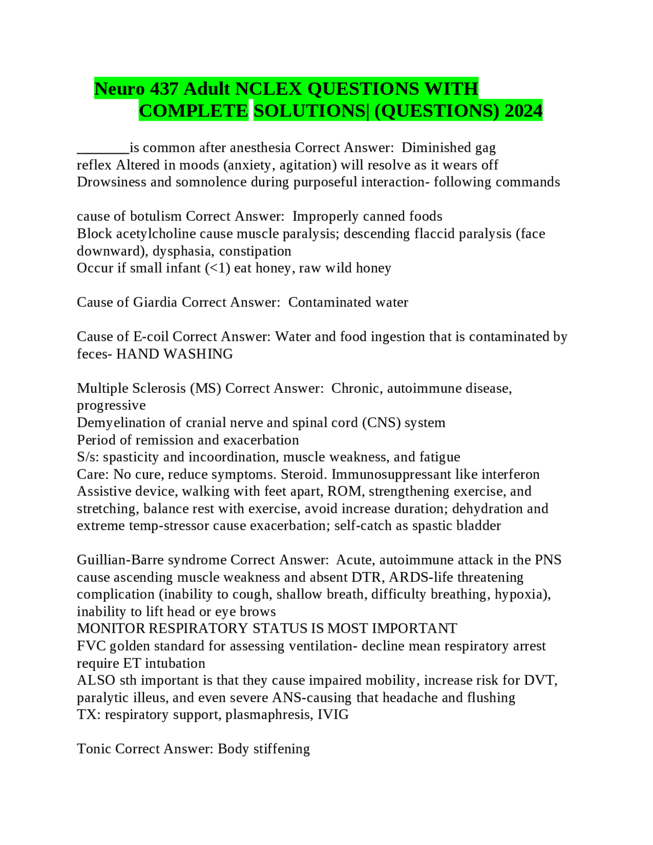 Neuro 437 Adult NCLEX QUESTIONS WITH COMPLETE SOLUTIONS| (QUESTIONS ...