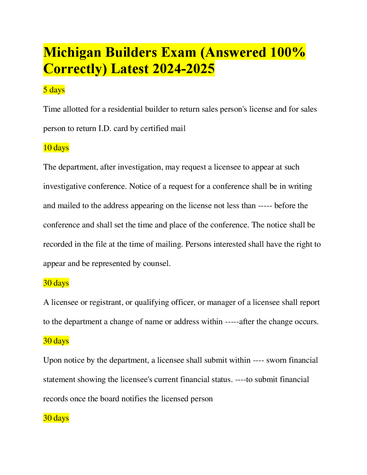 Michigan Builders Exam (Answered 100% Correctly) Latest 2024-2025 ...