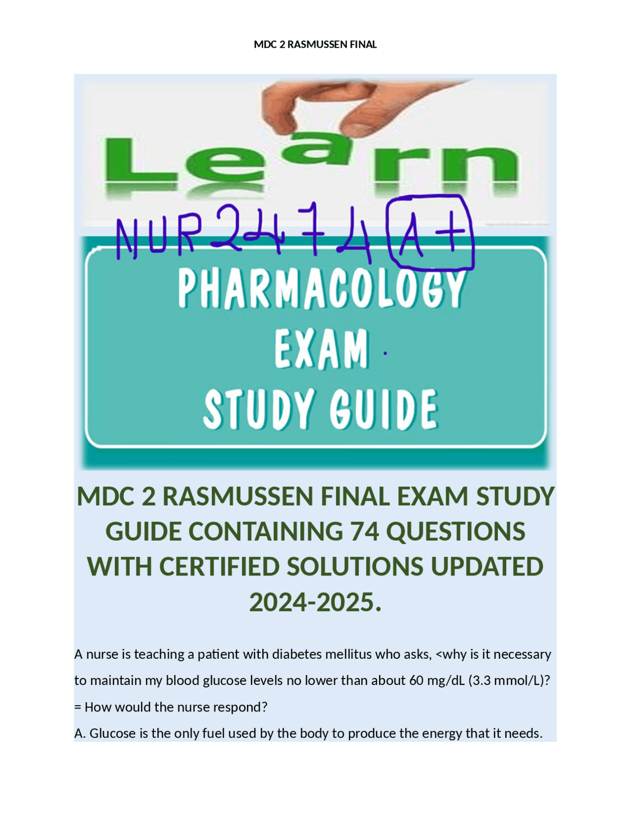 MDC 2 RASMUSSEN FINAL EXAM | Exams Pharmacology | Docsity