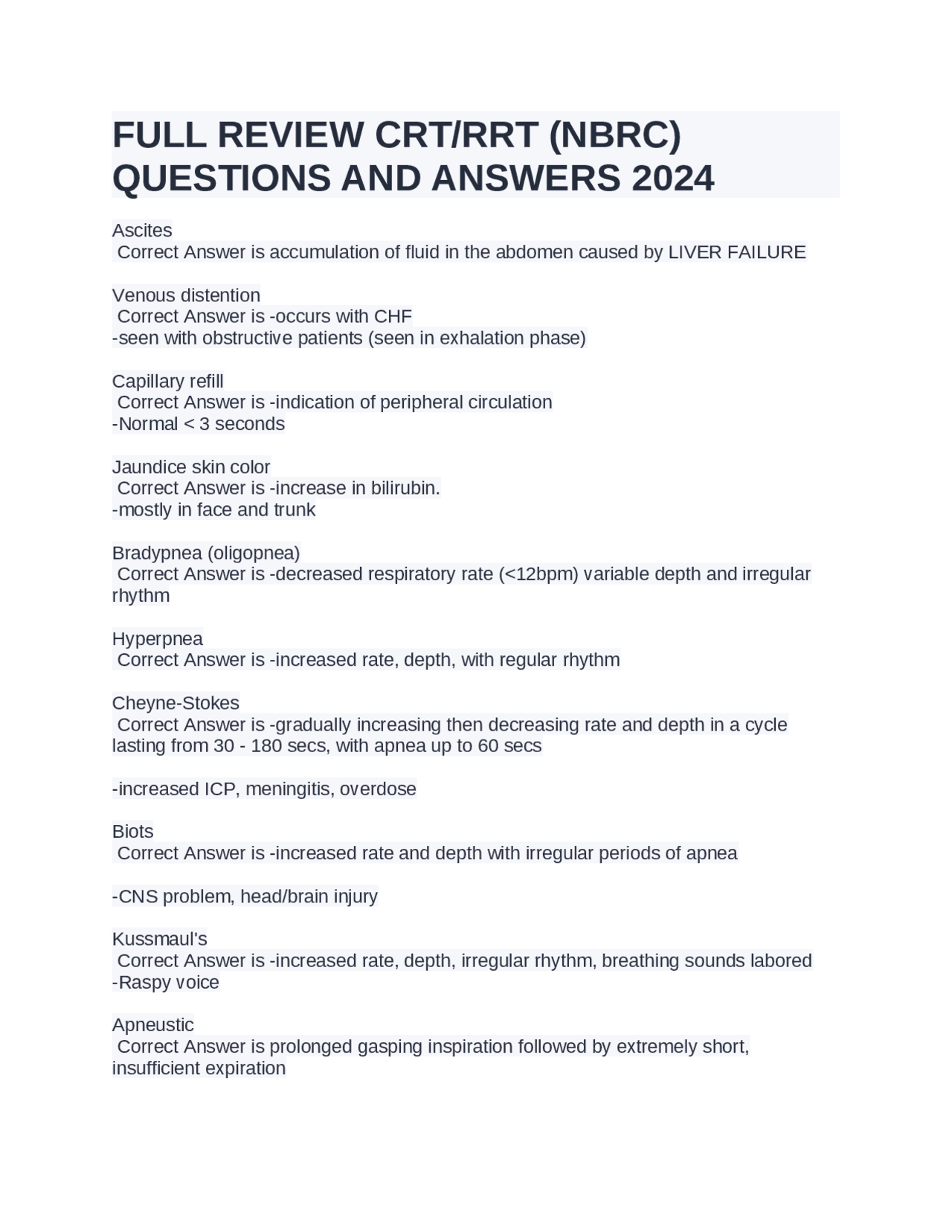FULL REVIEW CRT/RRT (NBRC) QUESTIONS AND ANSWERS 2024 | Exams Medicine ...
