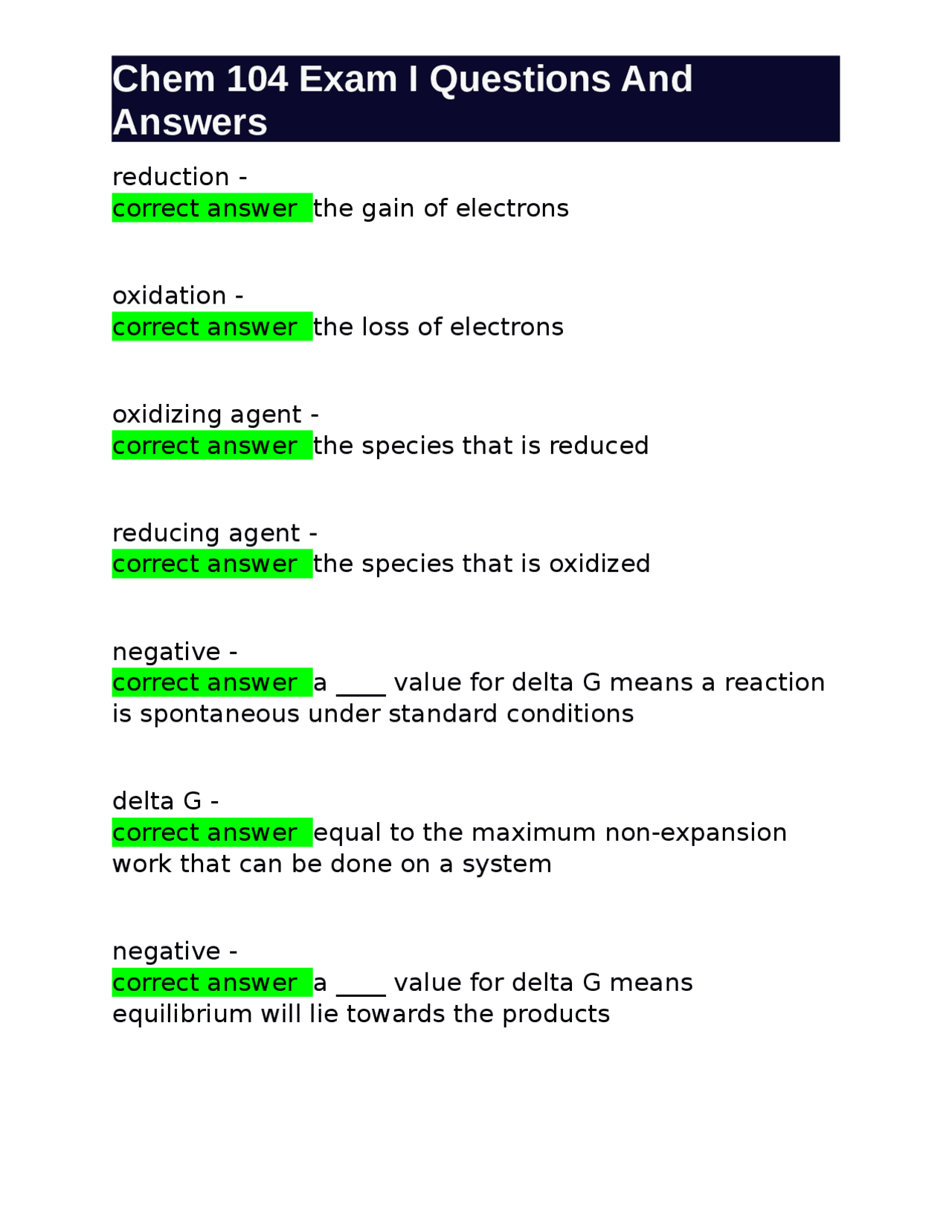 Chemistry Exam I: Redox, Electrochemical Cells, & Kinetics | Exams ...