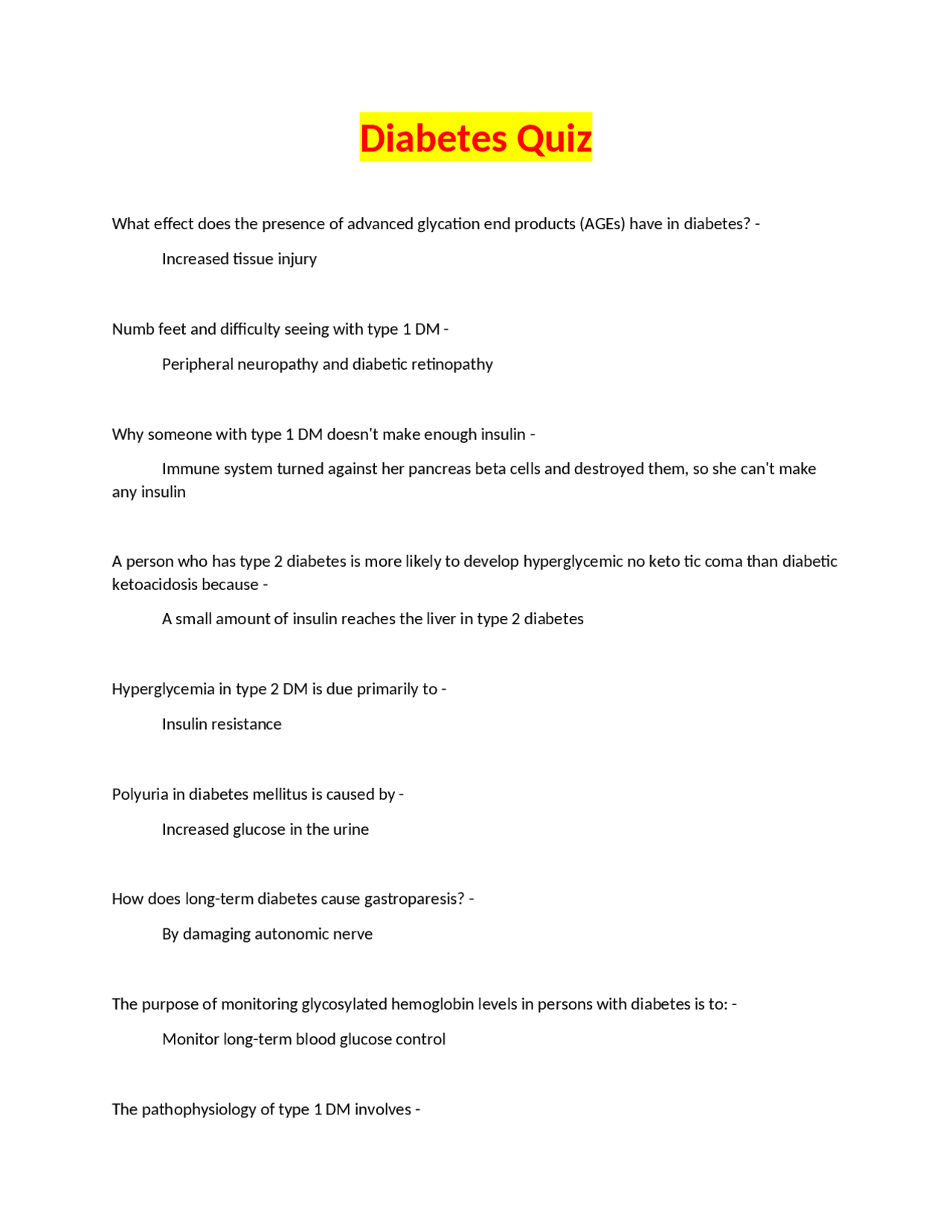 Diabetes Quiz: Understanding the Impact of Diabetes on the Body | Exams ...