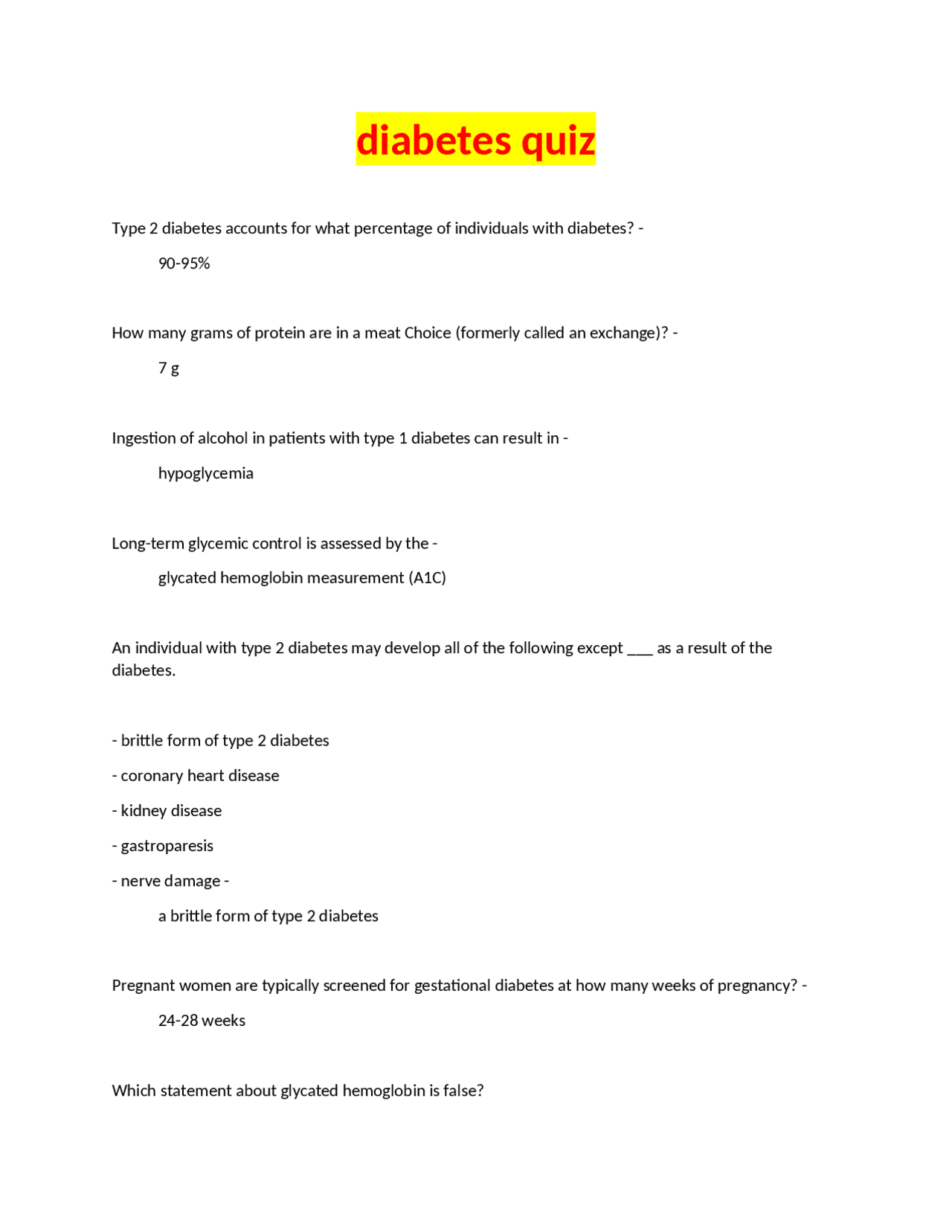 Quiz on Type 2 Diabetes and Related Complications | Exams Nutrition ...