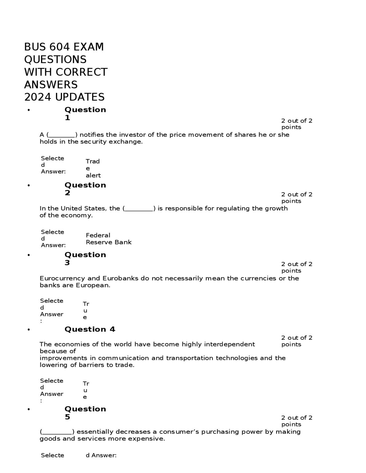 BUS 604 EXAM QUESTIONS WITH CORRECT ANSWERS 2024 UPDATES | Exams ...