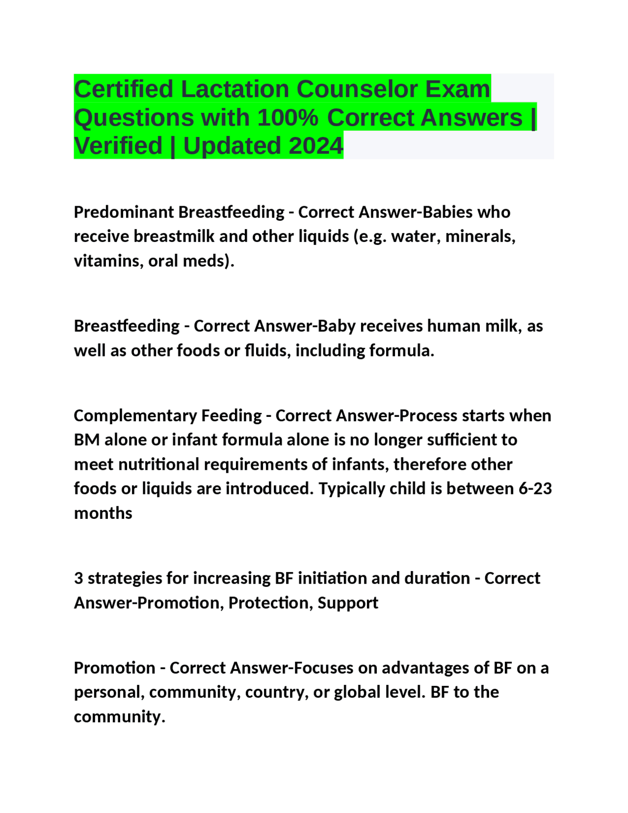 Certified Lactation Counselor Exam Questions with 100% Correct Answers ...