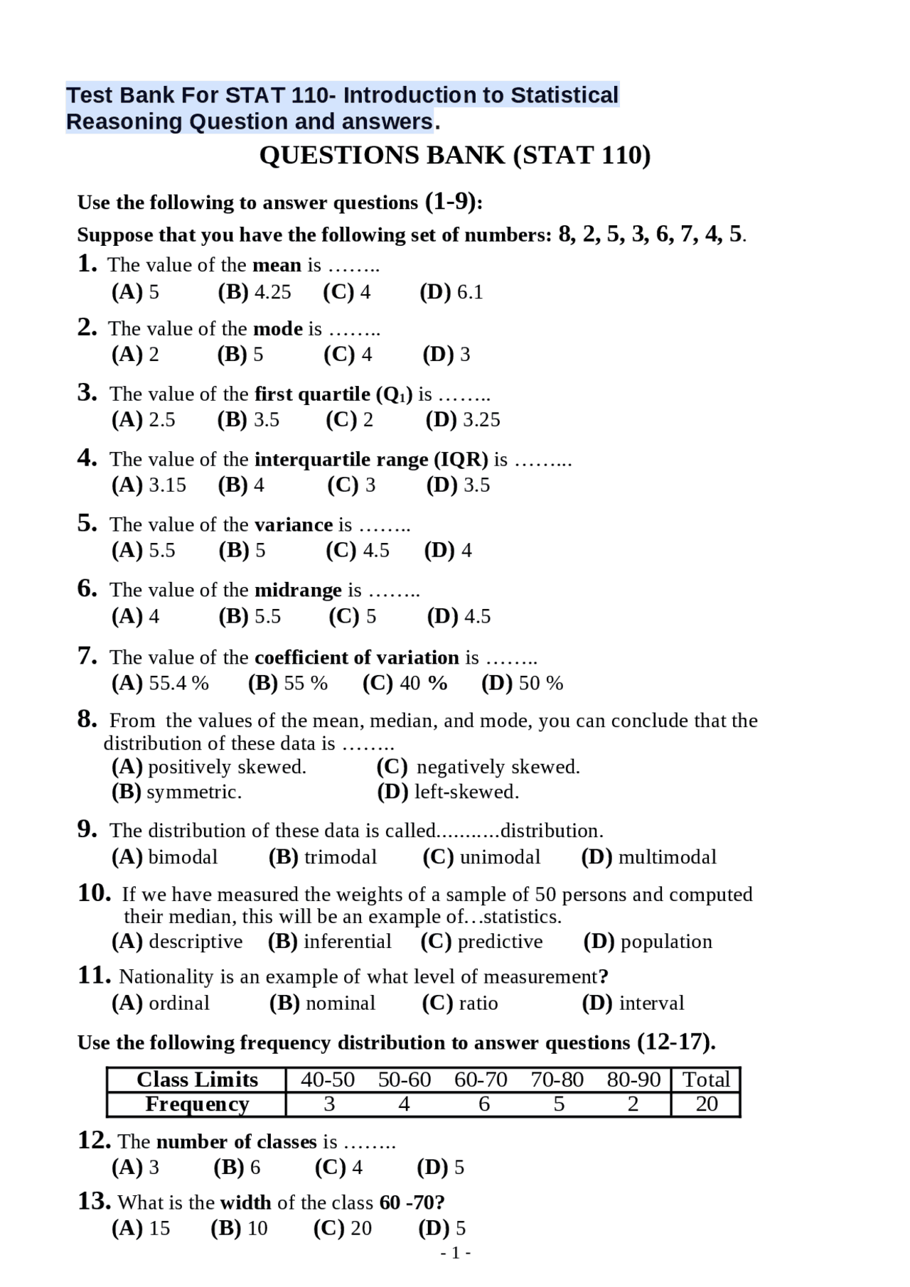 Test Bank For STAT 110- Introduction to Statistical Reasoning Question ...