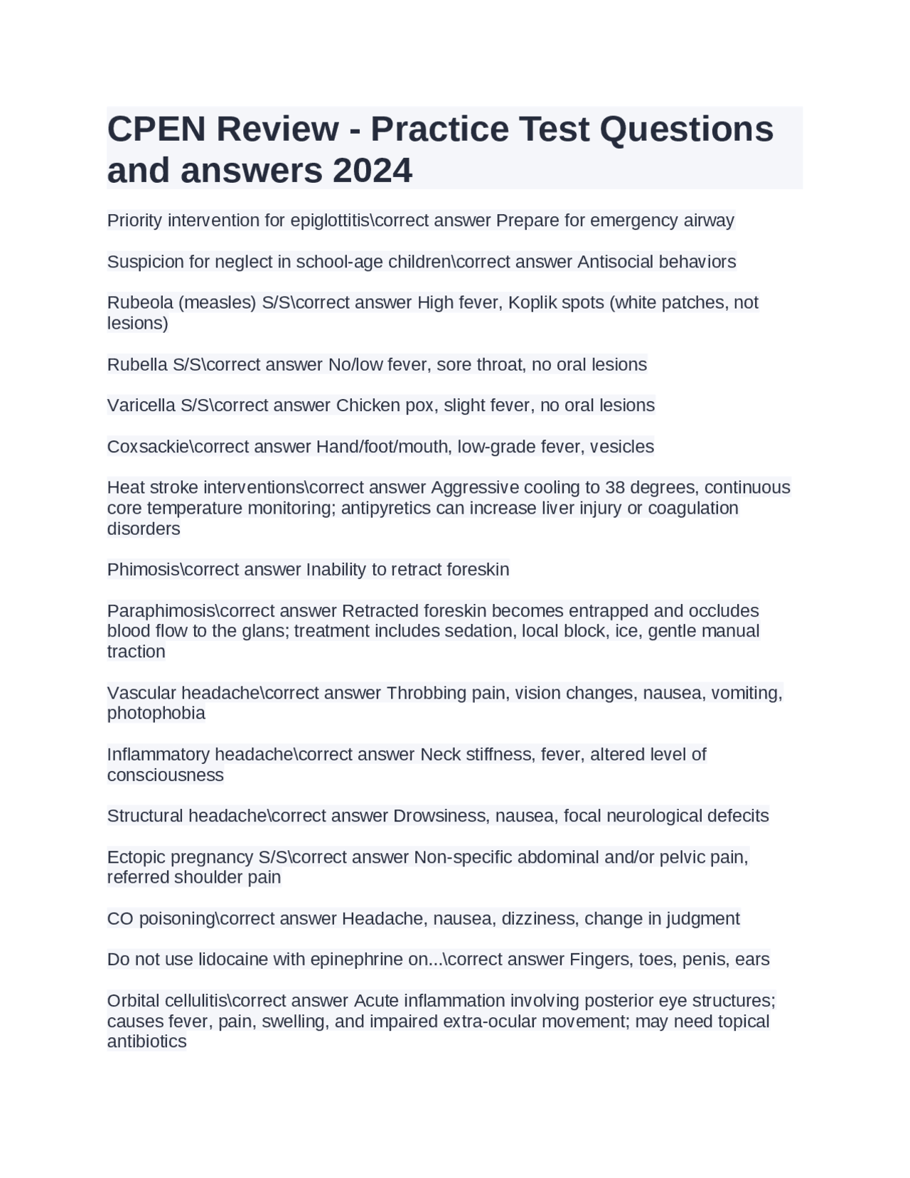 CPEN Review - Practice Test Questions and answers 2024 | Exams Nursing ...