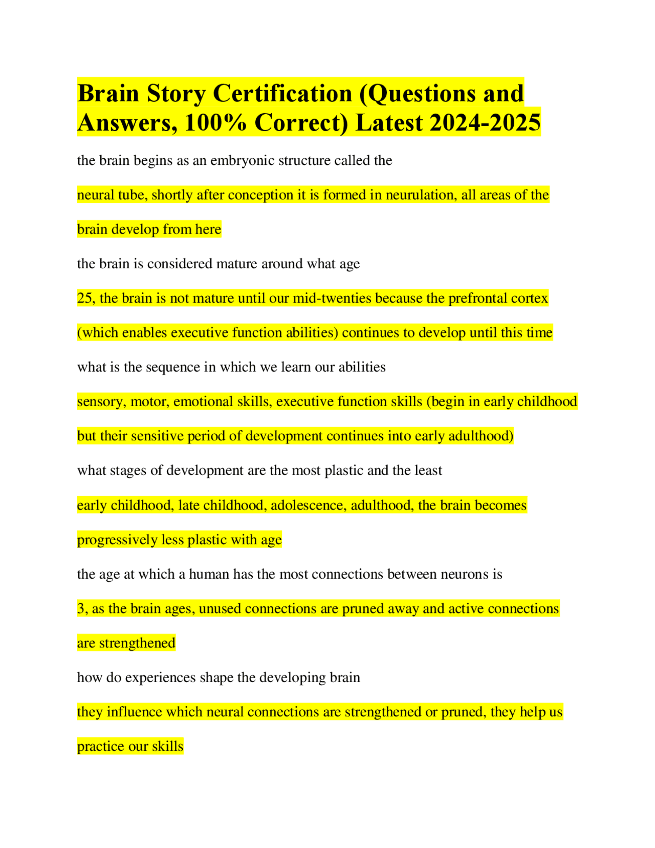 Brain Story Certification (Questions and Answers, 100% Correct) Latest ...