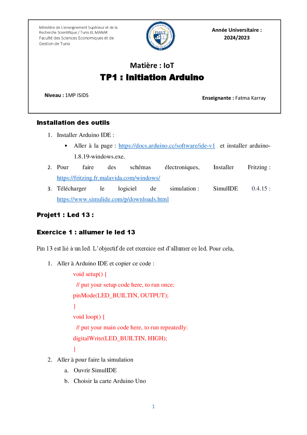 Initiation à Arduino | Exercises Law | Docsity
