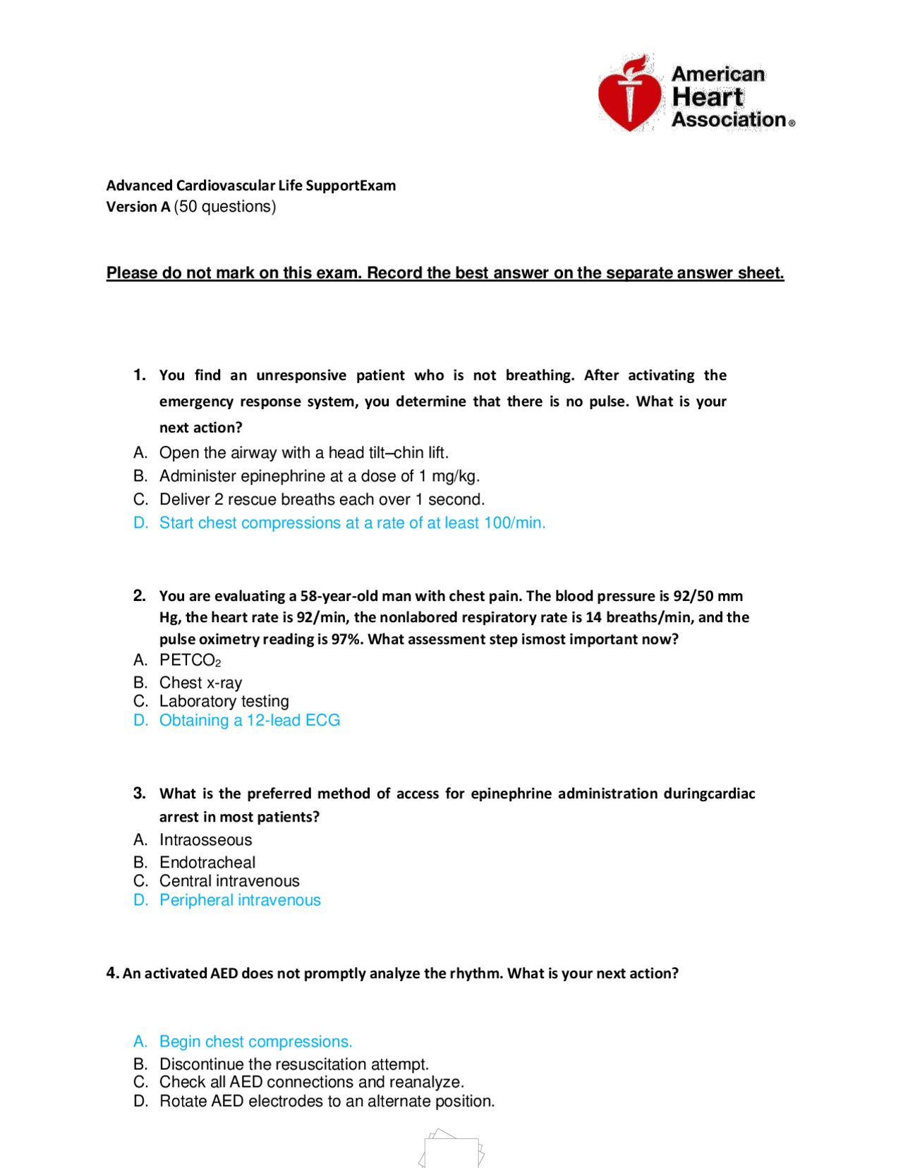 Advanced Cardiovascular Life Support Exam 2024 | Exams Nursing | Docsity