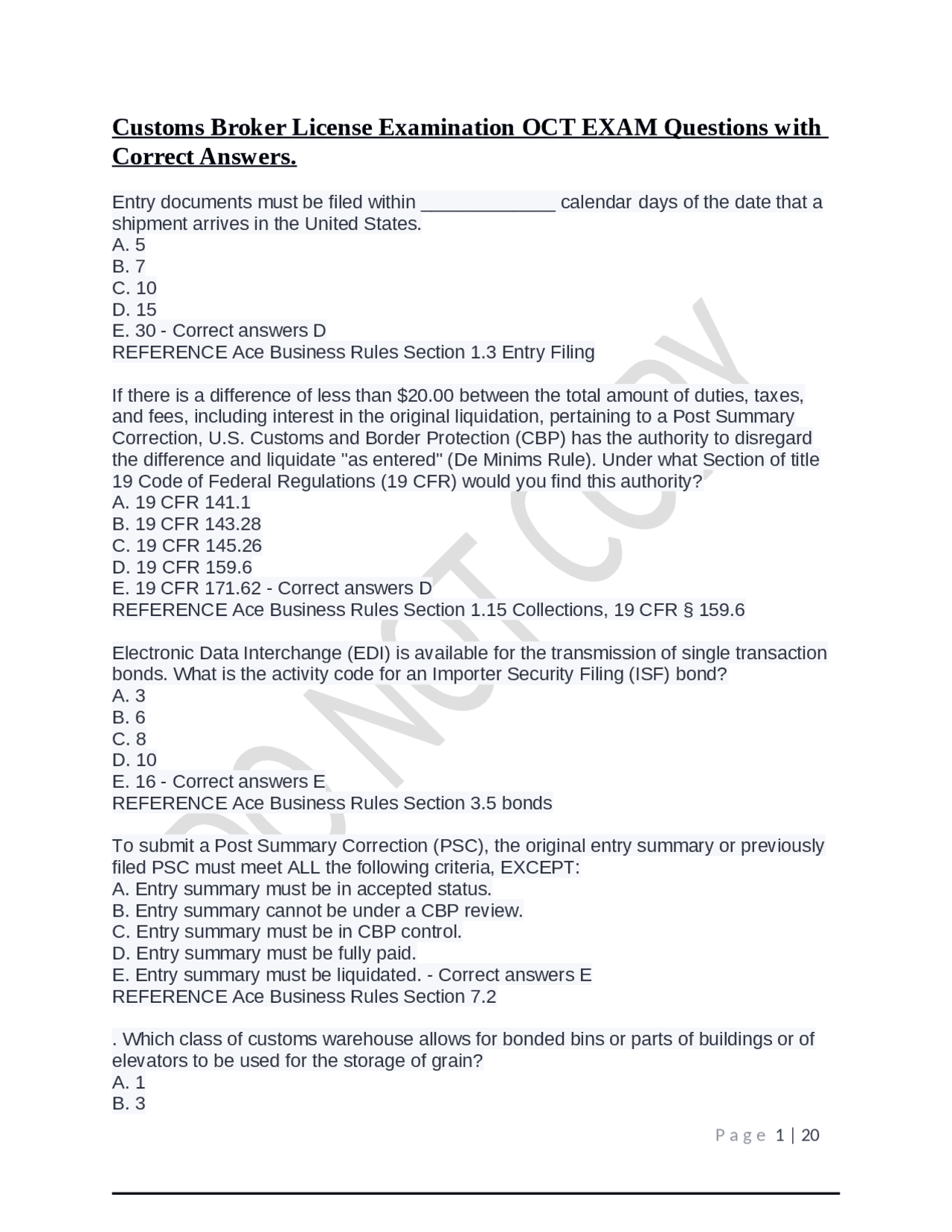 Customs Broker License Examination OCT EXAM Questions with Correct ...