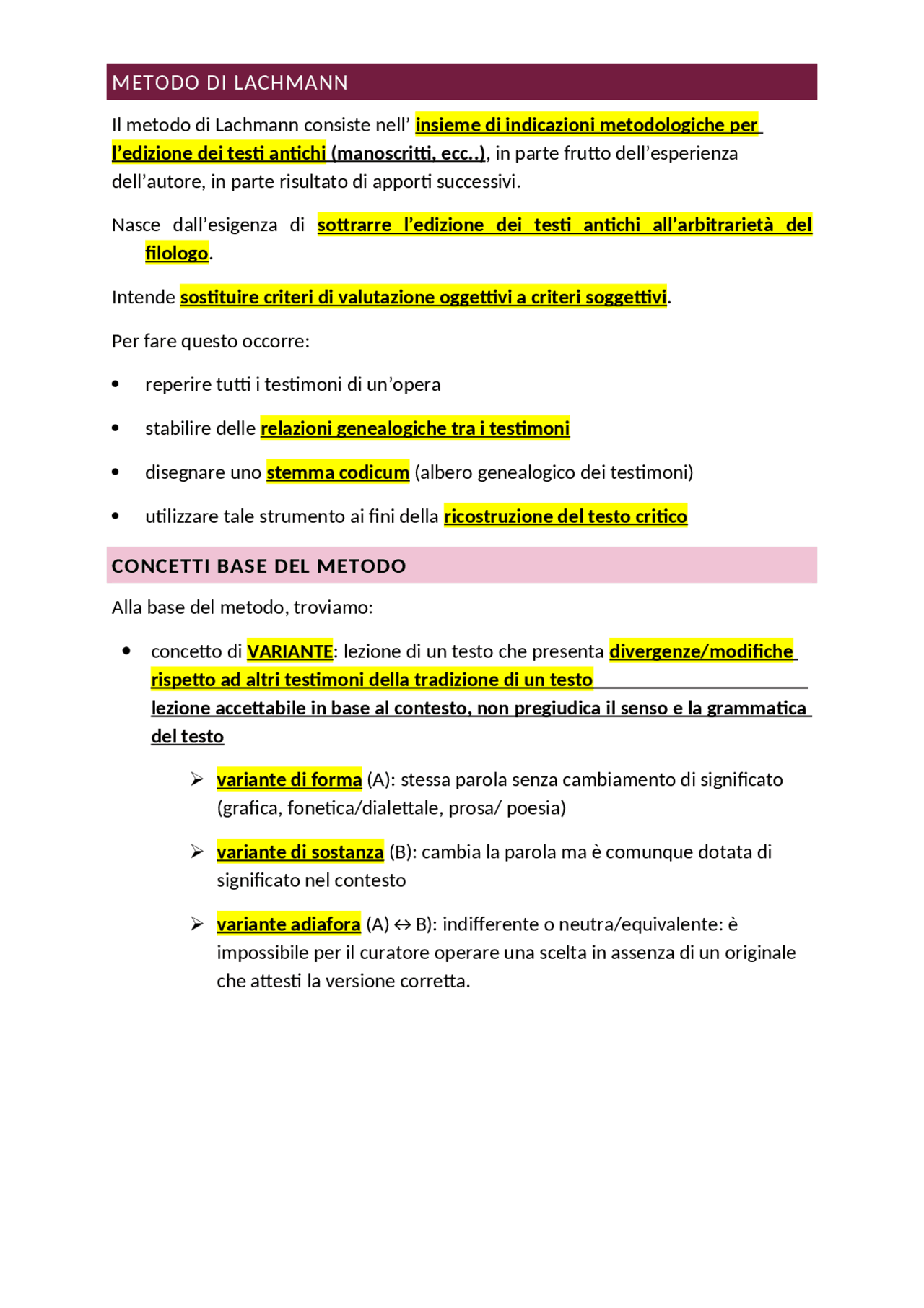 metodo di lachmann in fasi | Appunti di Filologia | Docsity