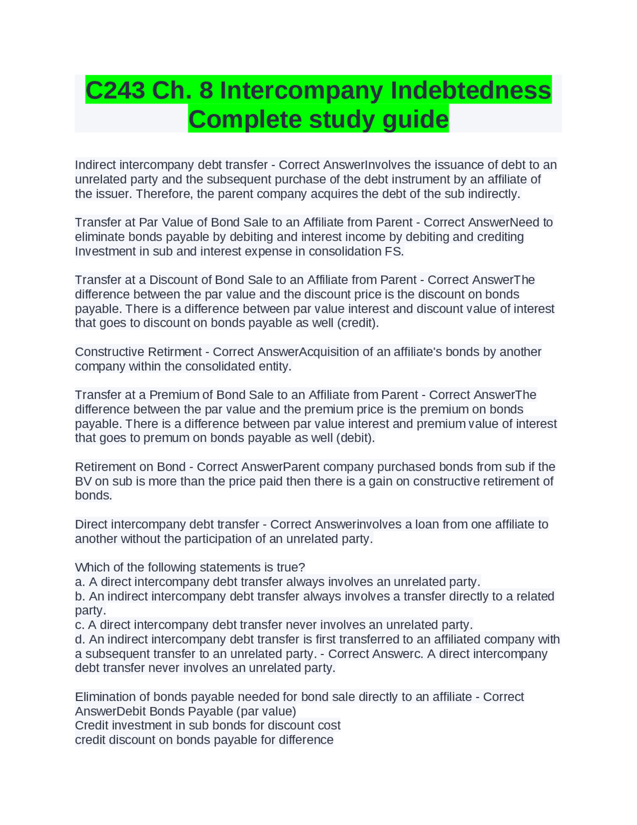 C243 Ch. 8 Intercompany Indebtedness Complete study guide | Exercises Financial Accounting | Docsity